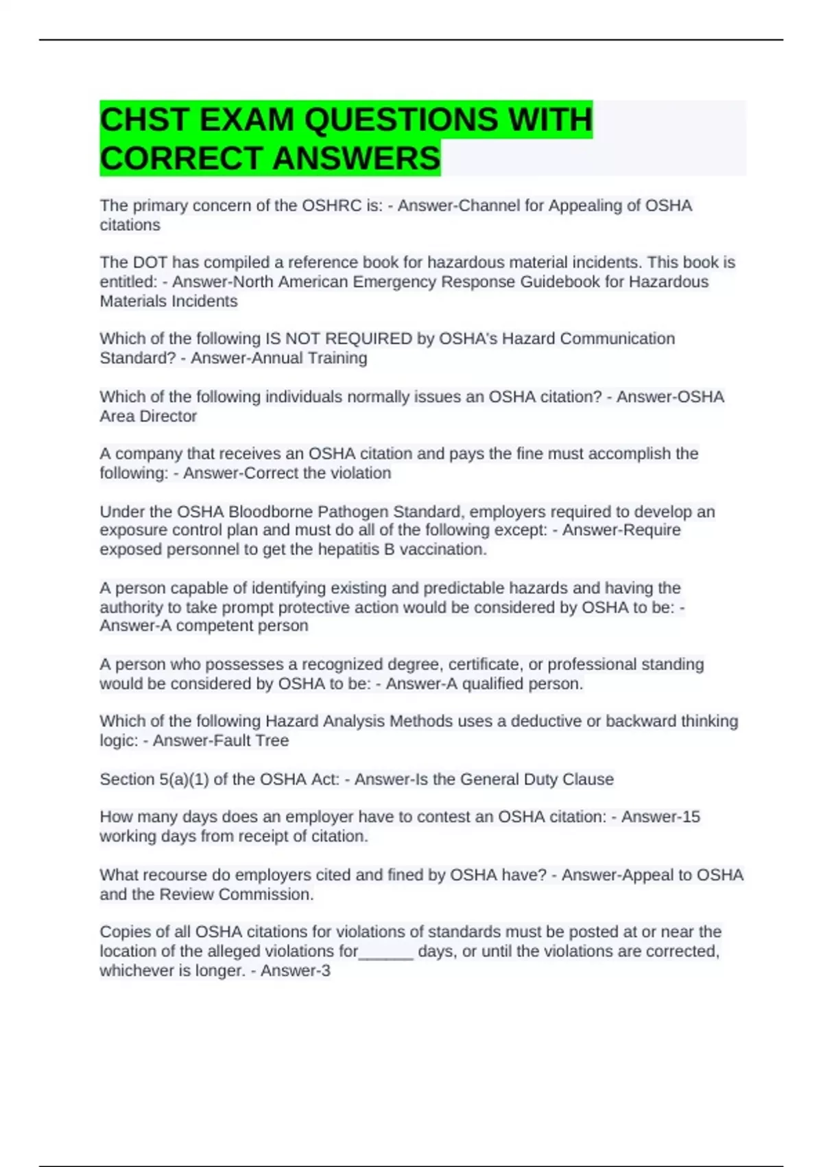 CHST EXAM QUESTIONS WITH CORRECT ANSWERS - CHST - Stuvia US