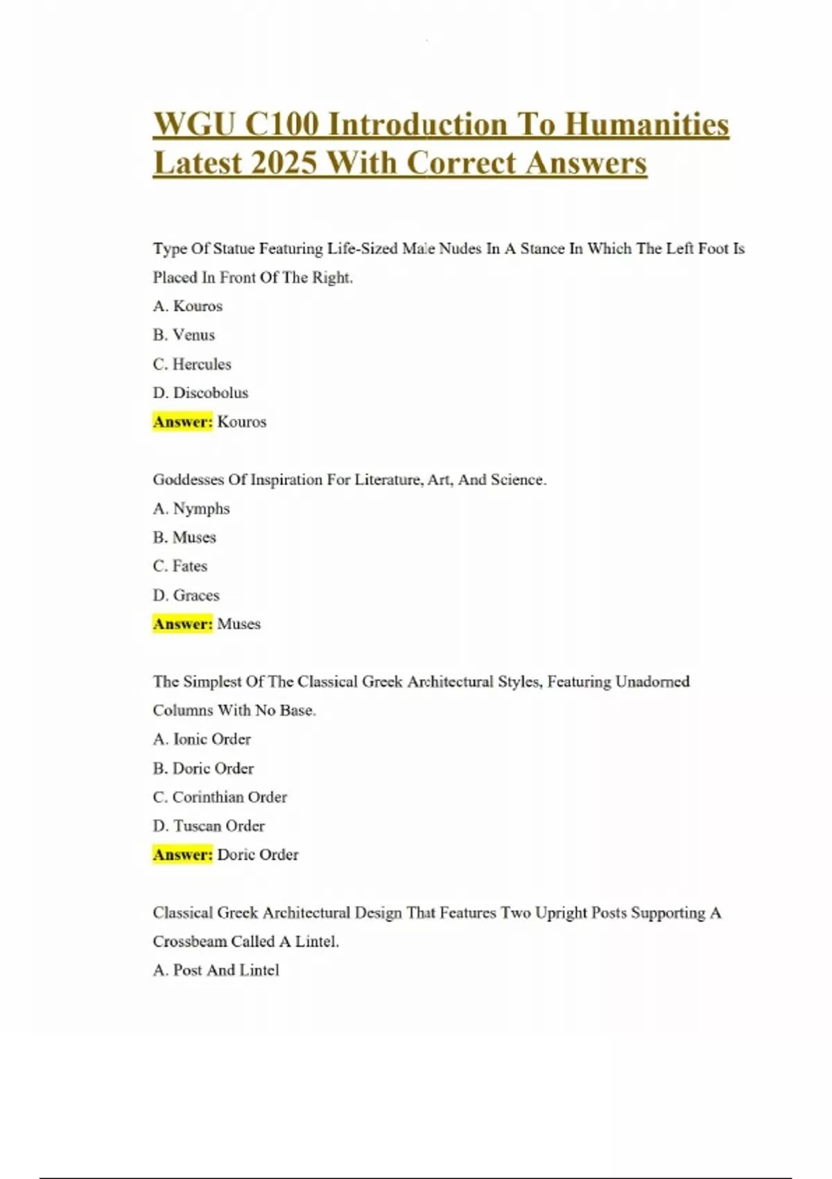 WGU C100 Introduction To Humanities Latest 2025 With Correct Answers ...