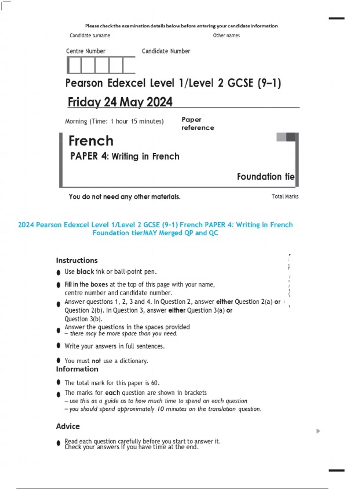 2024 Pearson Edexcel Level 1/Level 2 GCSE (9–1) French PAPER 4: Writing ...