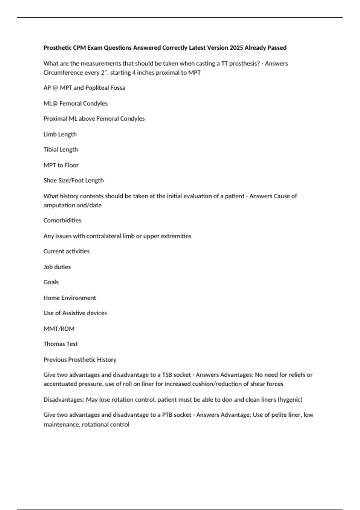 Prosthetic CPM Exam Questions Answered Correctly Latest Version 2025 ...