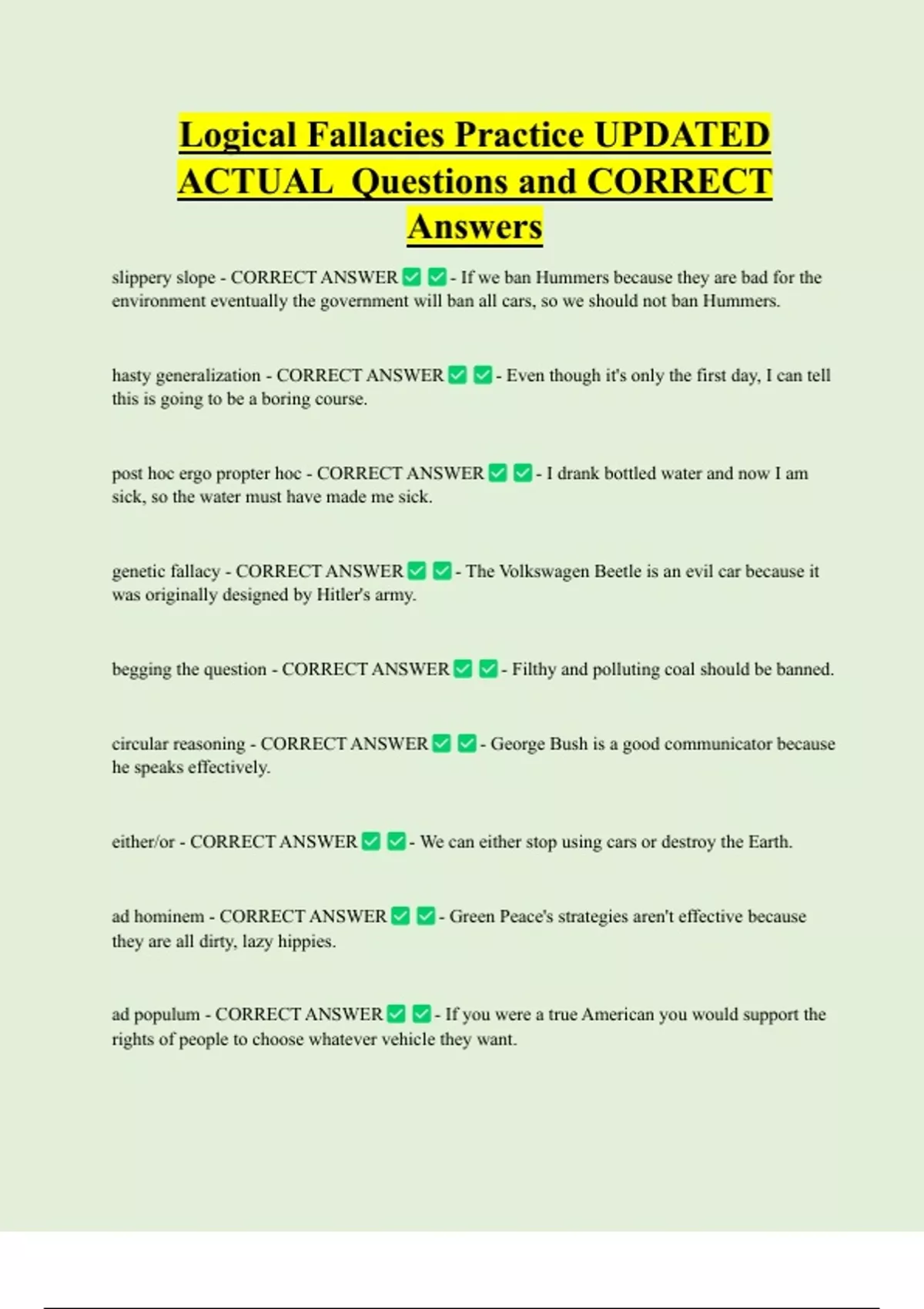Logical Fallacies Practice UPDATED ACTUAL Questions and CORRECT Answers - Logical Fallacies ...