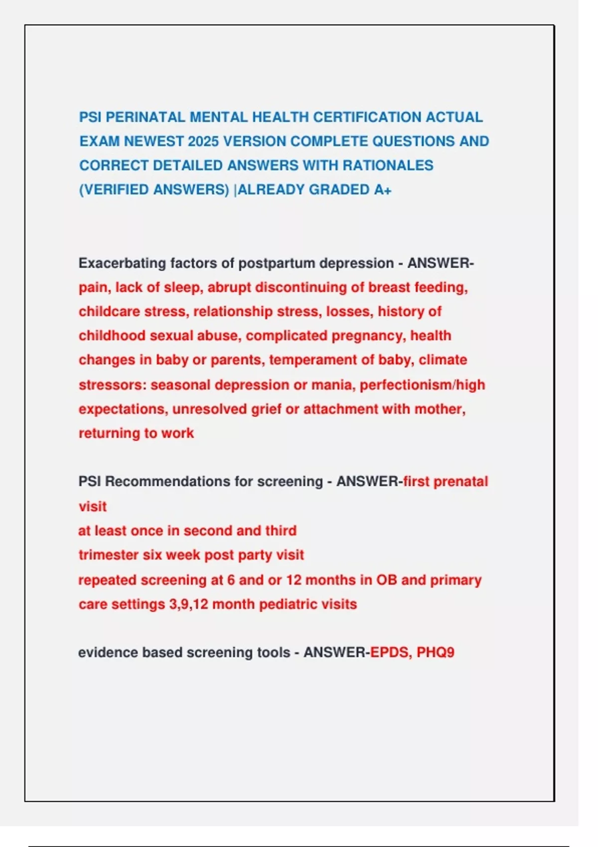PSI PERINATAL MENTAL HEALTH CERTIFICATION ACTUAL EXAM NEWEST 2025 ...