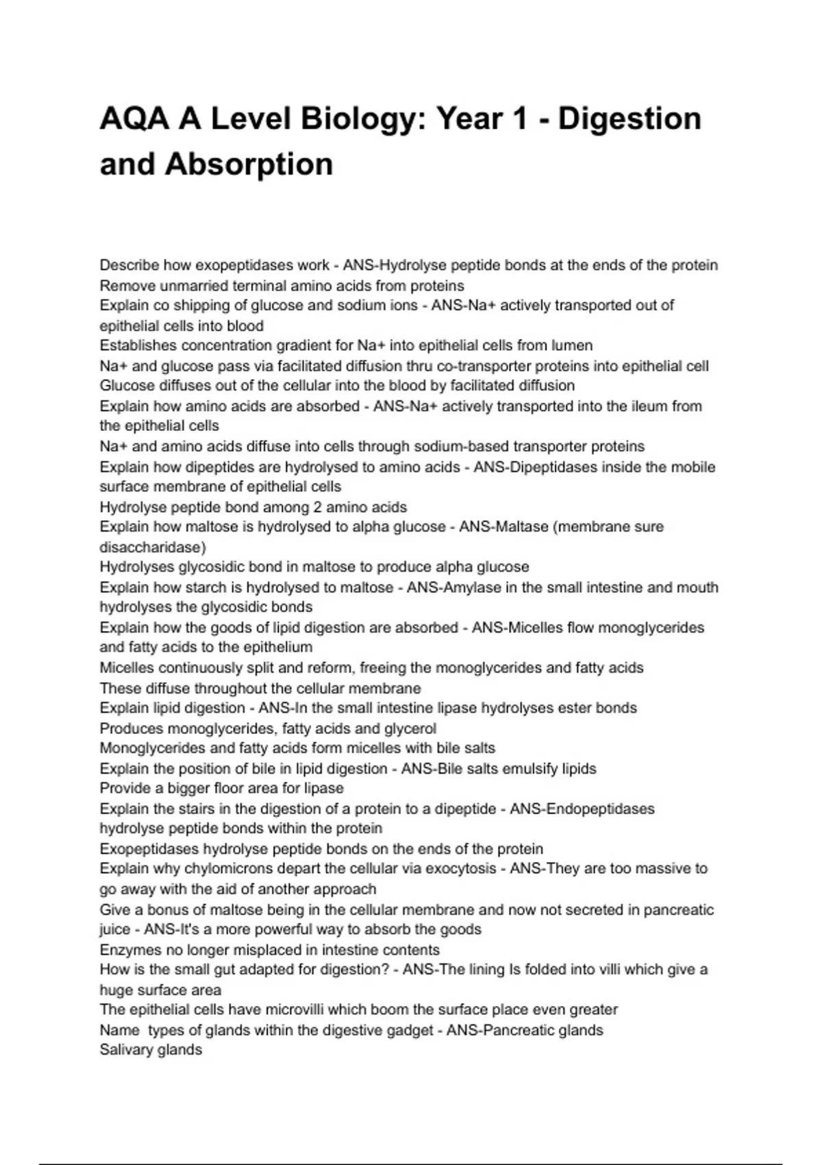 AQA A Level Biology: Year 1 - Digestion and Absorption NEWEST 2025/2026 ...