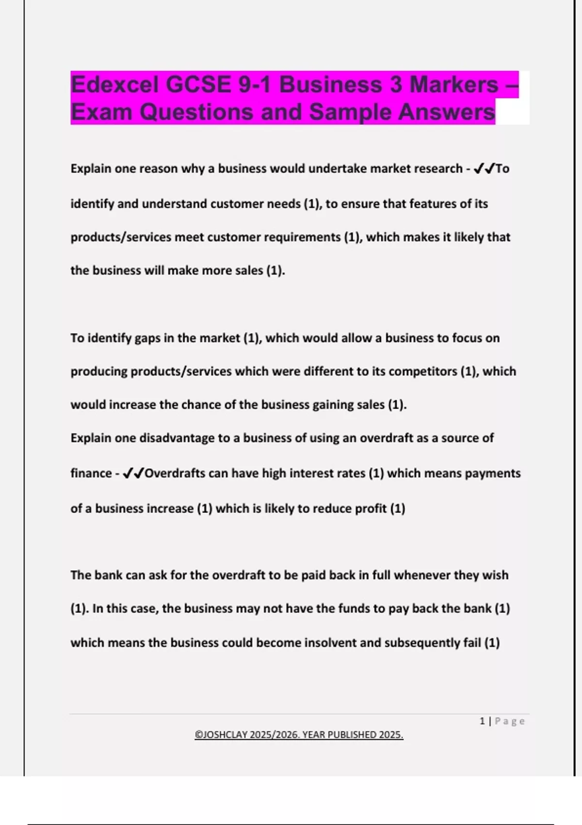 Edexcel GCSE 9-1 Business 3 Markers – Exam Questions and Sample Answers ...