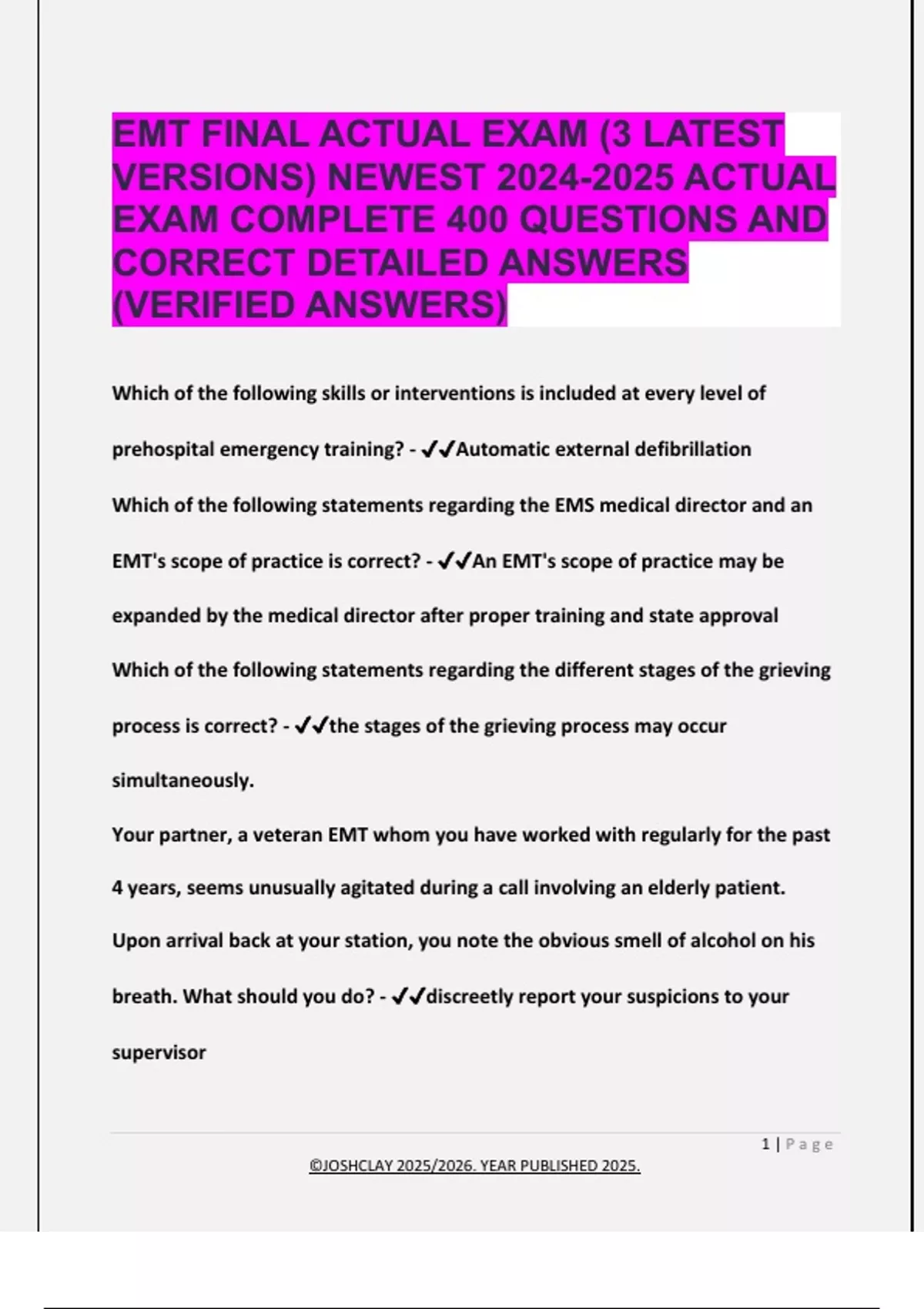 Emt Final Actual Exam 3 Latest Versions Newest Actual Exam Complete 400 Questions And Correct