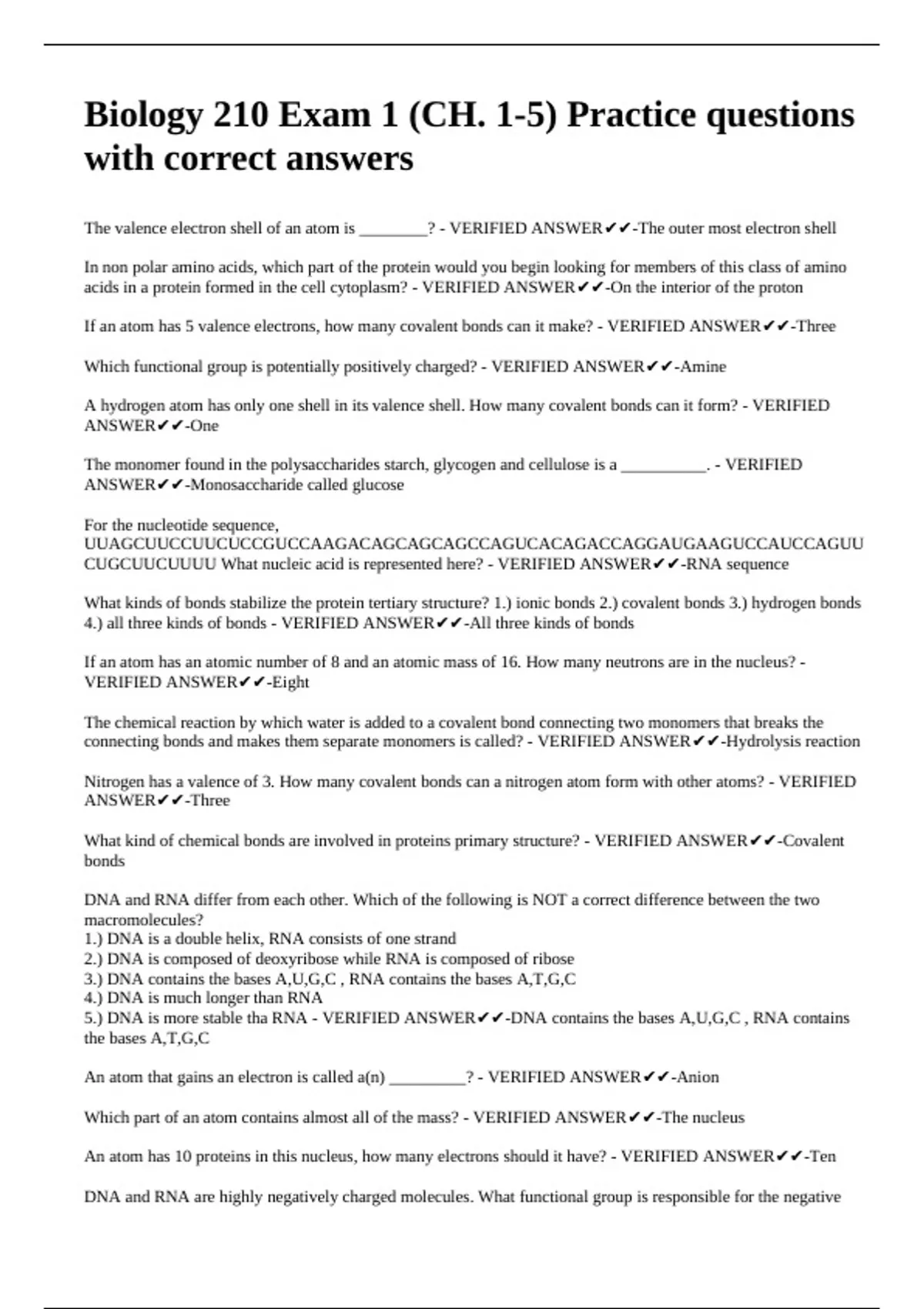 Biology 210 Exam 1 (CH. 1-5) Practice questions with correct answers ...