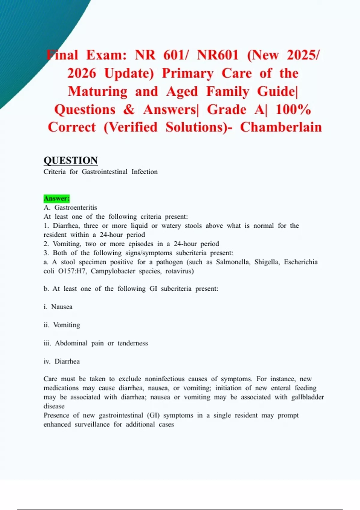 Final Exam: NR 601/ NR601 (New 2025/ 2026 Update) Primary Care of the ...