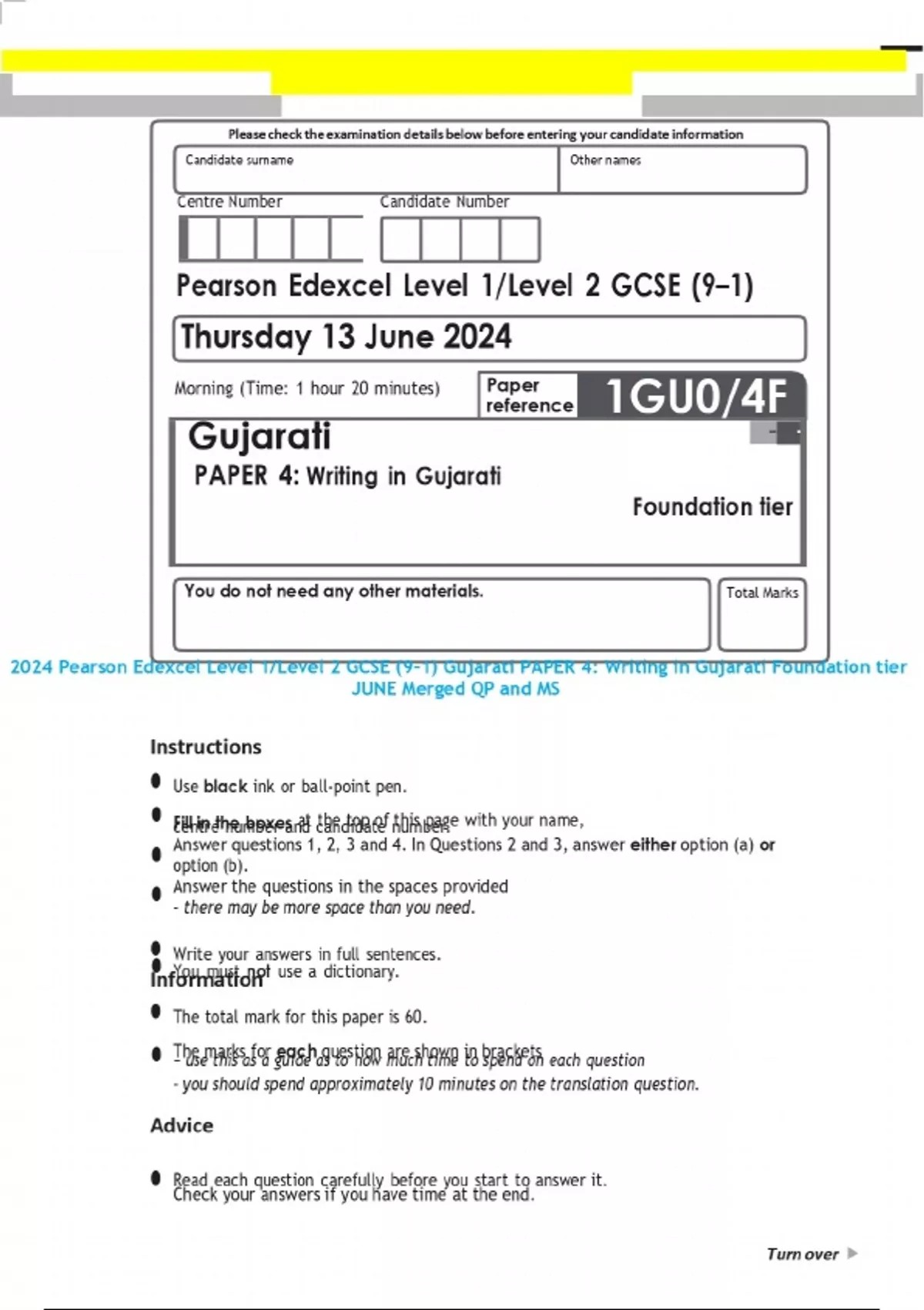 2024 Pearson Edexcel Level 1/Level 2 GCSE (9–1) Gujarati PAPER 4 ...