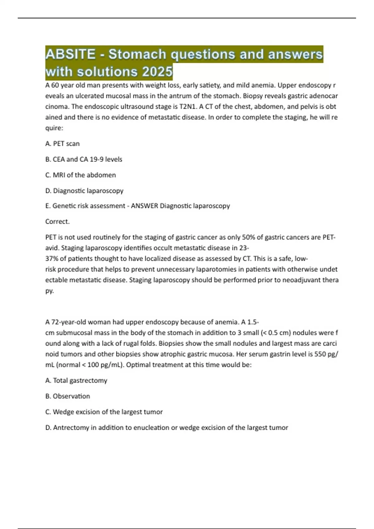 ABSITE - Stomach questions and answers with solutions 2025 - ABSITE ...