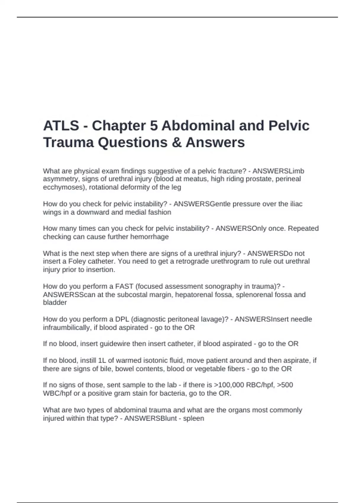 ATLS - Chapter 5 Abdominal and Pelvic Trauma Questions & Answers - ATLS ...