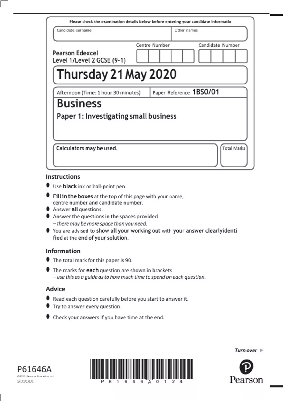 Pearson Edexcel Level 1Level 2 GCSE (9–1 Business Paper 1 Investigating ...