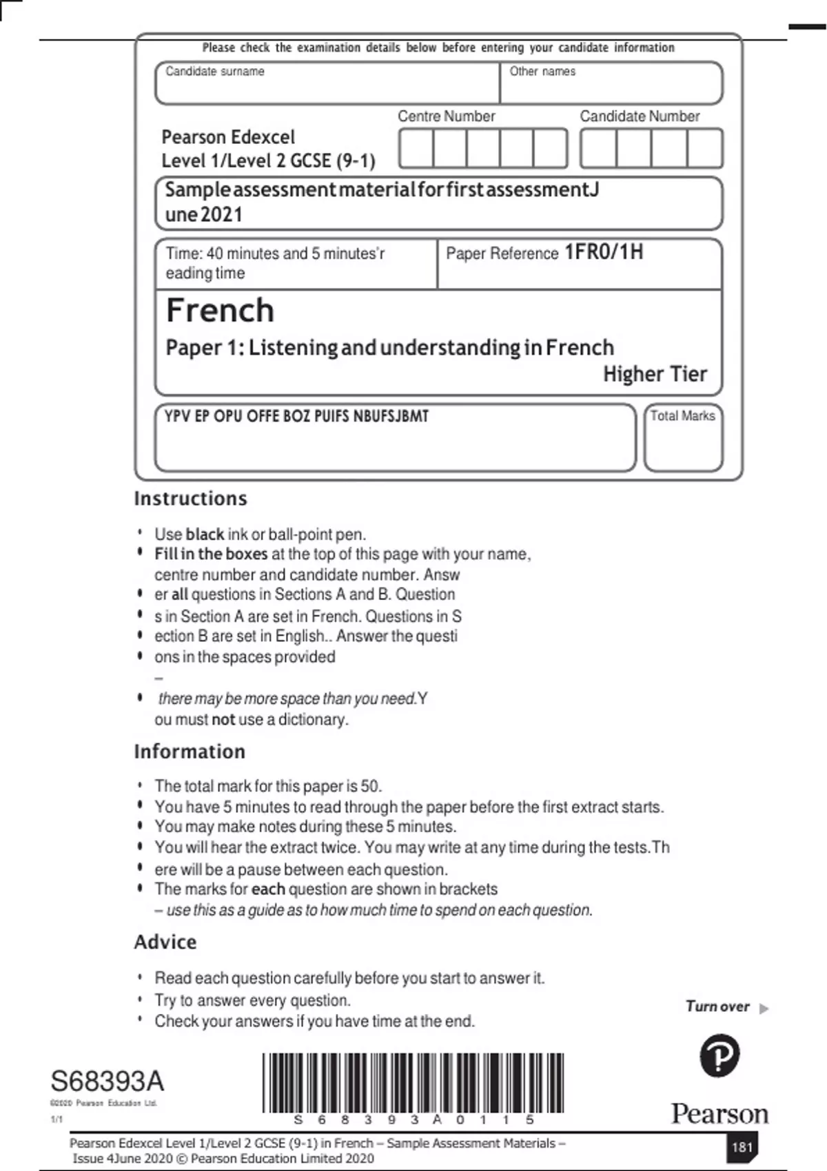 Pearson Edexce l Level 1Level 2 GCSE (9–1) French Paper 1 Listening and ...
