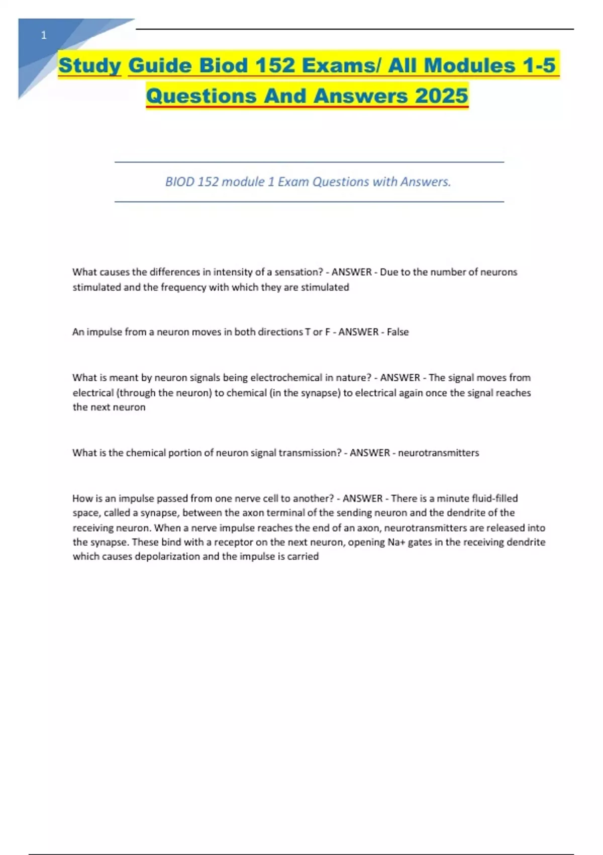 Study Guide Biod 152 Exams/All Modules 1-5 Questions And Answers 2025 ...