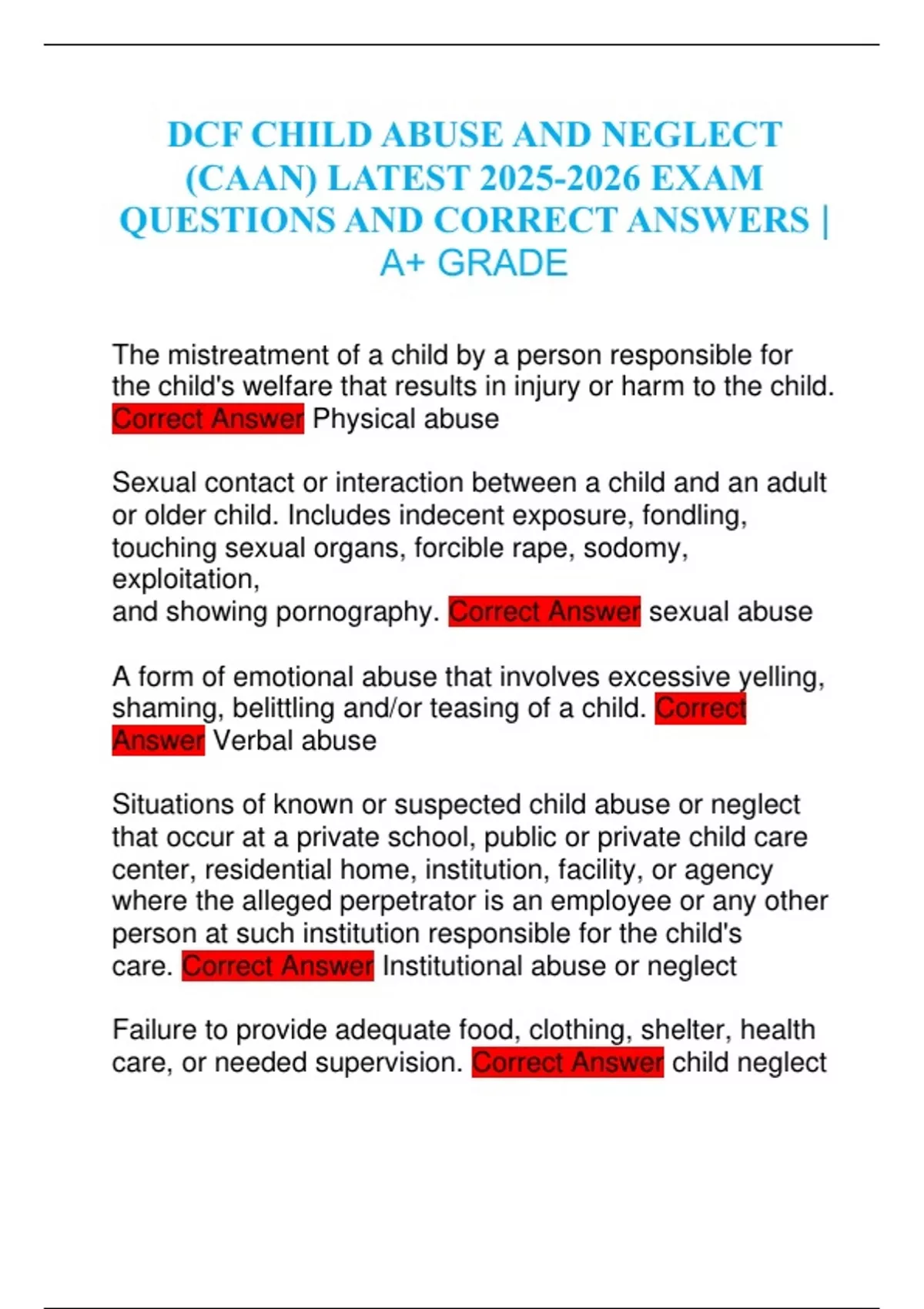 DCF CHILD ABUSE AND NEGLECT (CAAN) LATEST EXAM QUESTIONS AND CORRECT ...