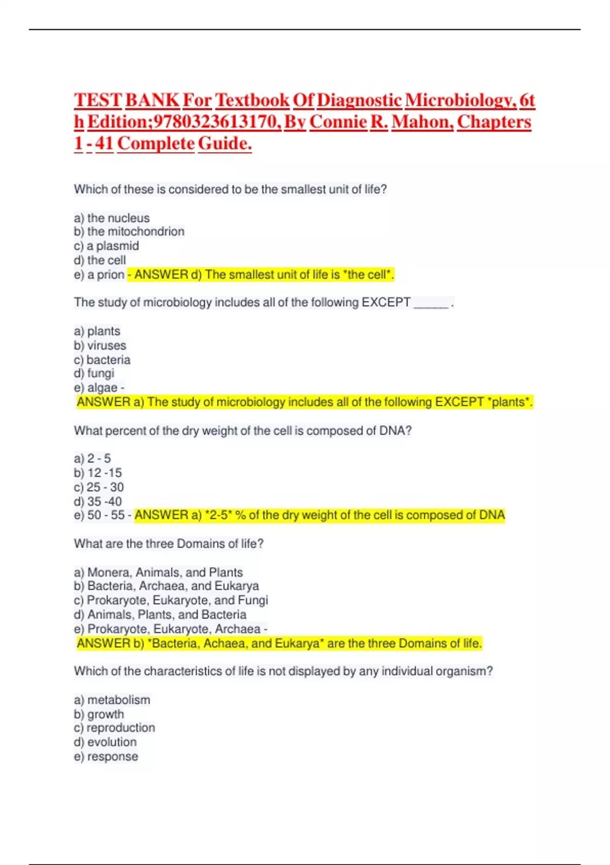 Test Bank for Textbook of Diagnostic Microbiology 6th Edition by Connie ...