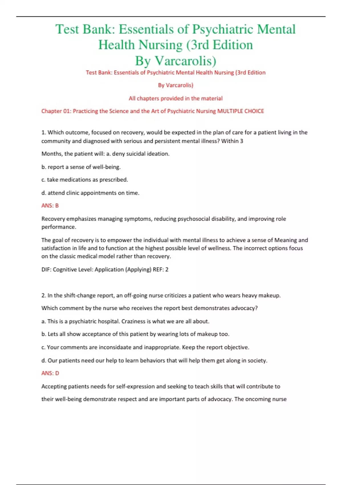 Test Bank: Essentials of Psychiatric Mental Health Nursing (3rd Edition ...