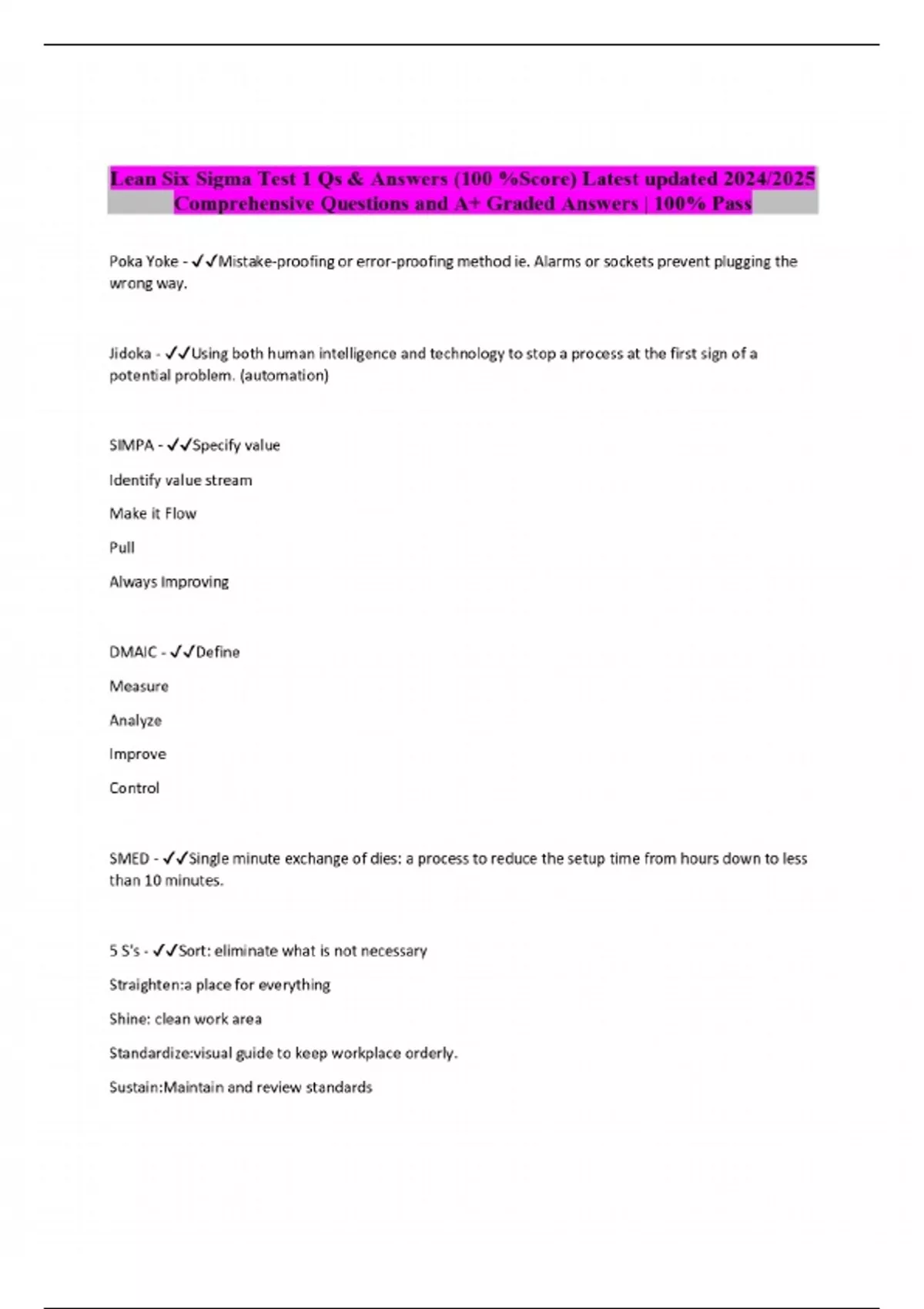 Lean Six Sigma Test 1 Qs & Answers (100 %Score) Latest updated 2024/ ...