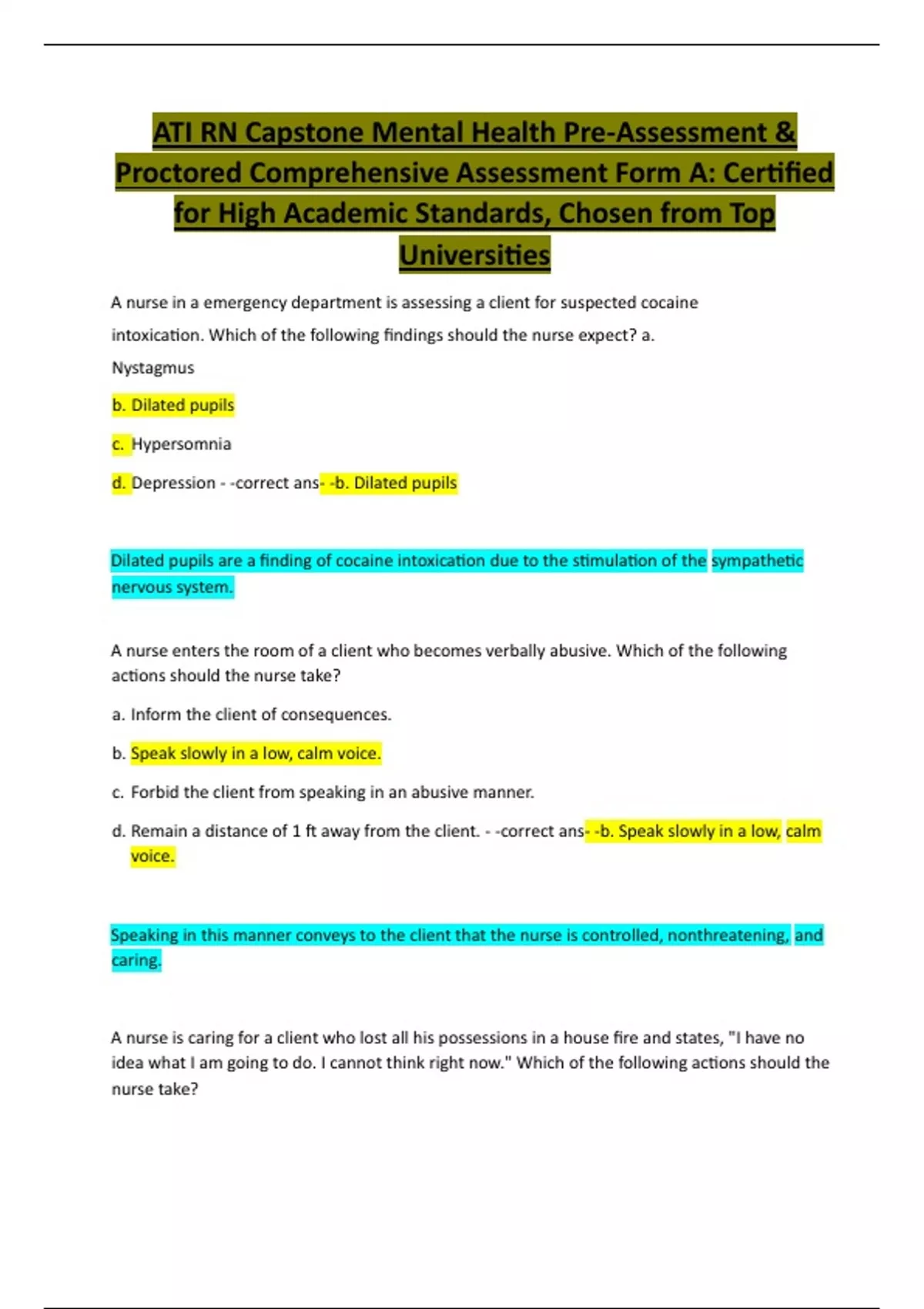 ATI RN Capstone Mental Health Pre-Assessment & Proctored Comprehensive ...