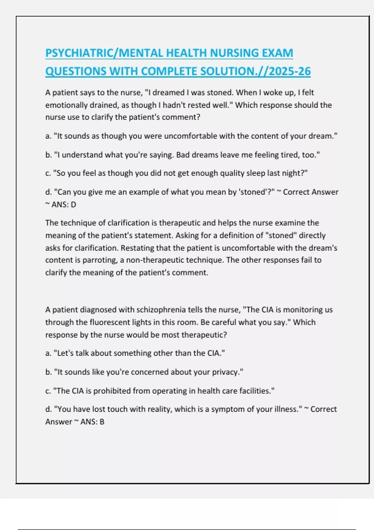 PSYCHIATRIC MENTAL HEALTH NURSING EXAM QUESTIONS WITH COMPLETE SOLUTION ...