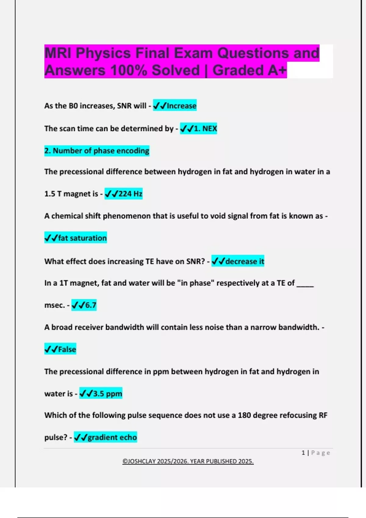 MRI Physics Final Exam Questions and Answers 100% Solved | Graded A+ ...