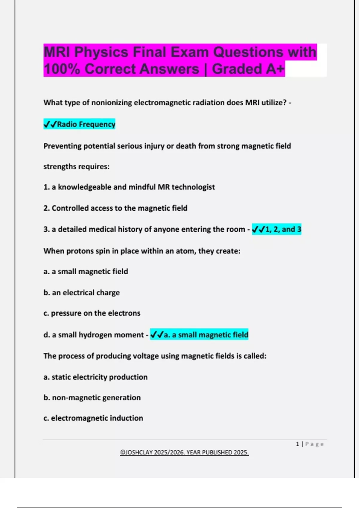 MRI Physics Final Exam Questions with 100% Correct Answers | Graded A+ - Mri - Stuvia US