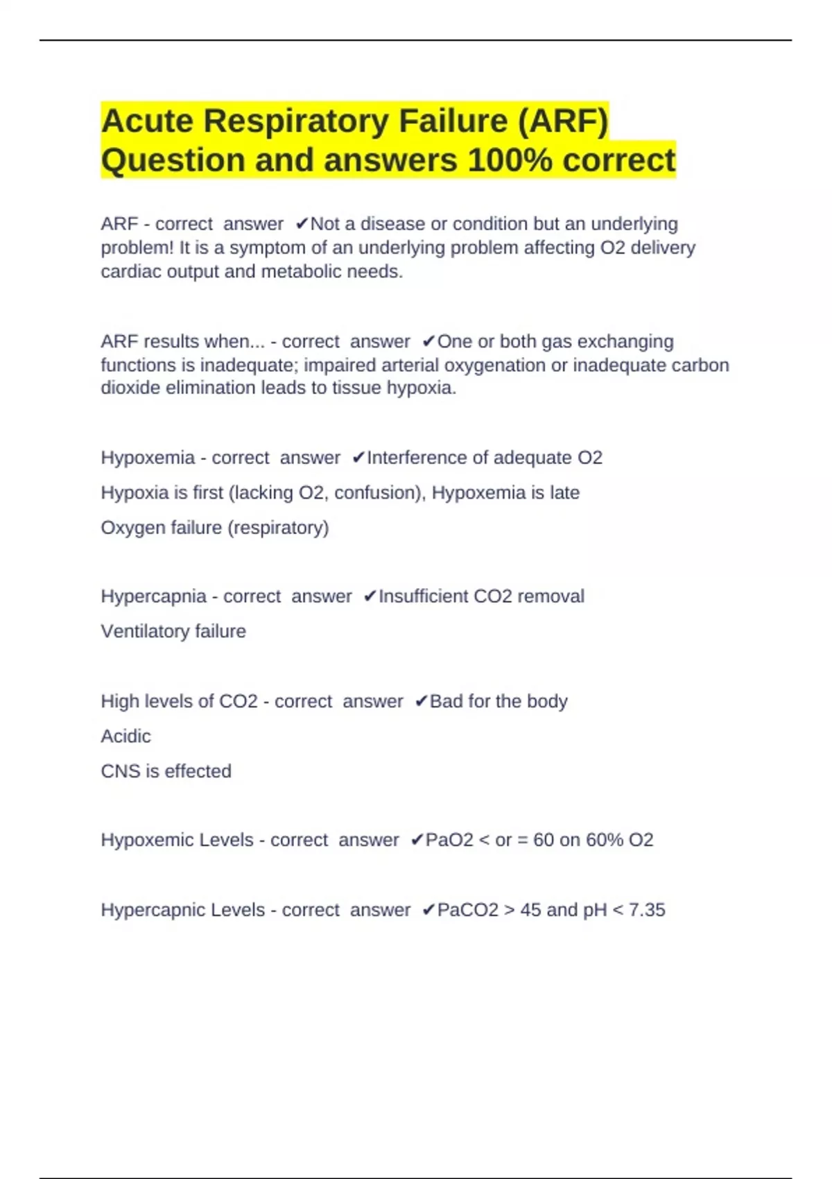 Acute Respiratory Failure (ARF) Question and answers 100% correct ...