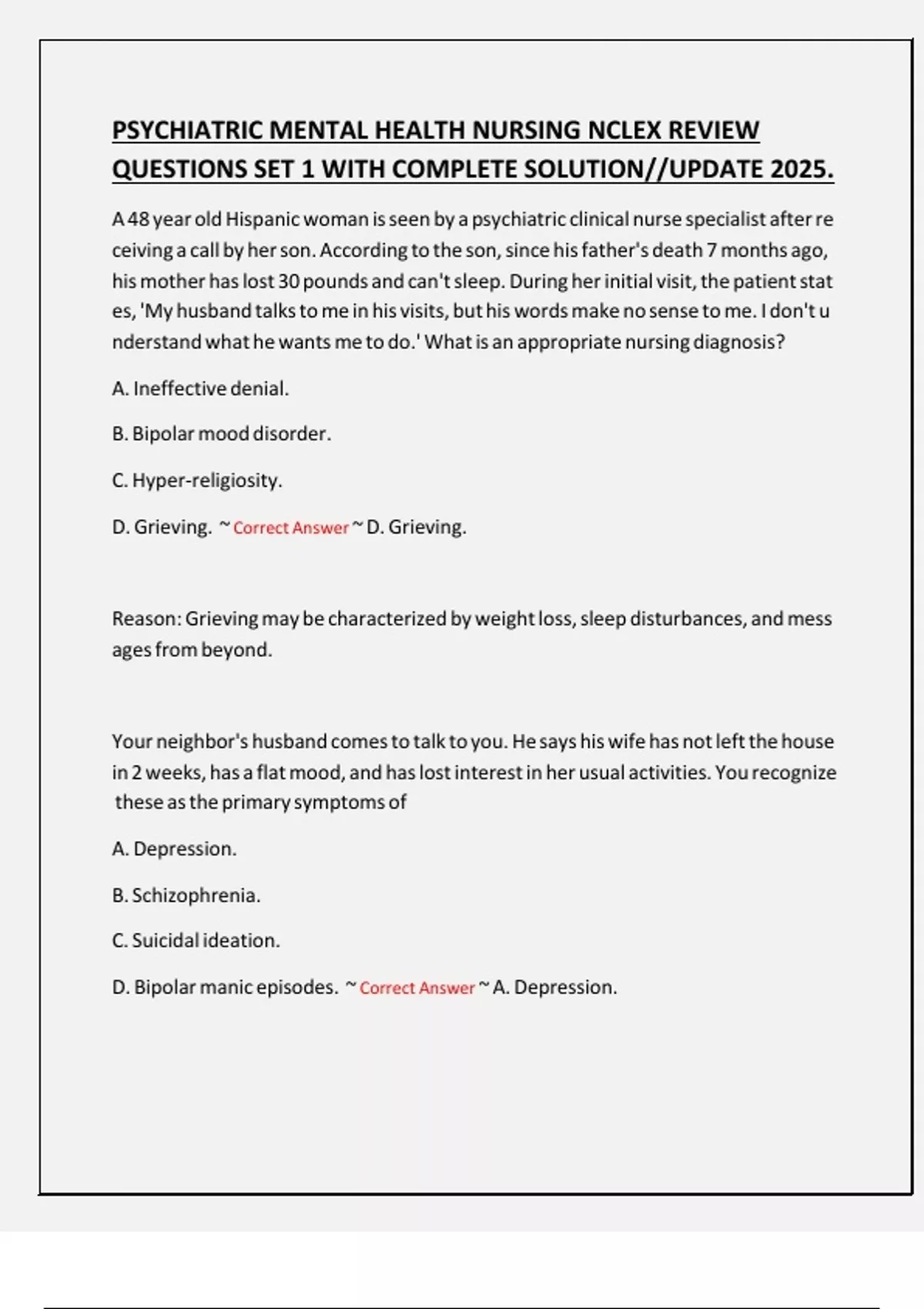 PSYCHIATRIC MENTAL HEALTH NURSING NCLEX REVIEW QUESTIONS SET 1 WITH ...