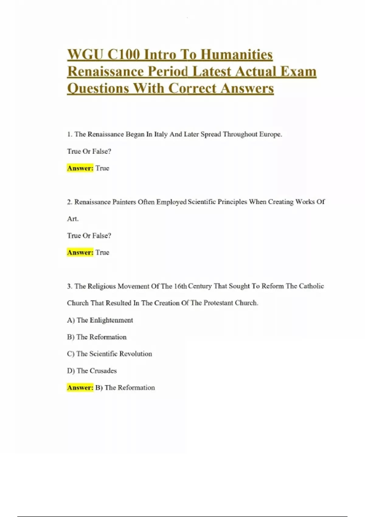 WGU C100 Intro To Humanities Renaissance Period Latest Actual Exam ...