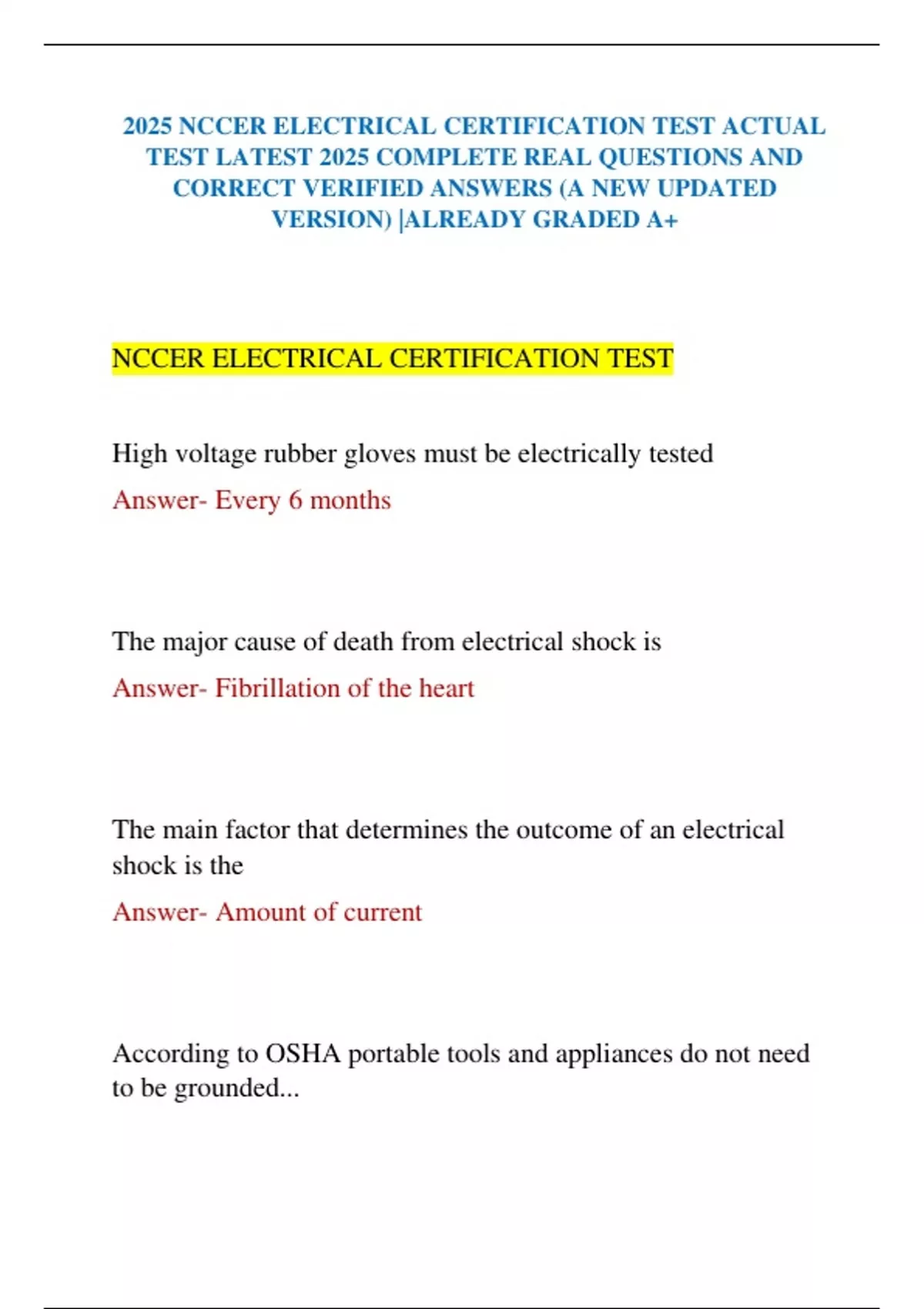 2025 NCCER ELECTRICAL CERTIFICATION TEST ACTUAL TEST LATEST 2025 ...