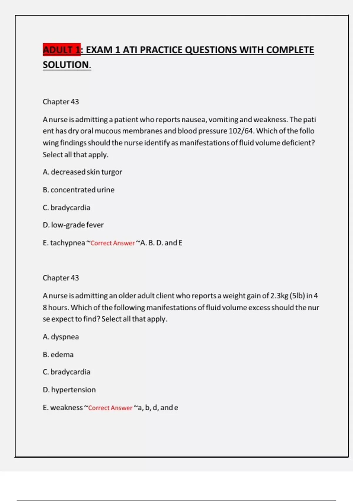 ADULT 1: EXAM 1 ATI PRACTICE QUESTIONS WITH COMPLETE SOLUTION - ATI Med ...