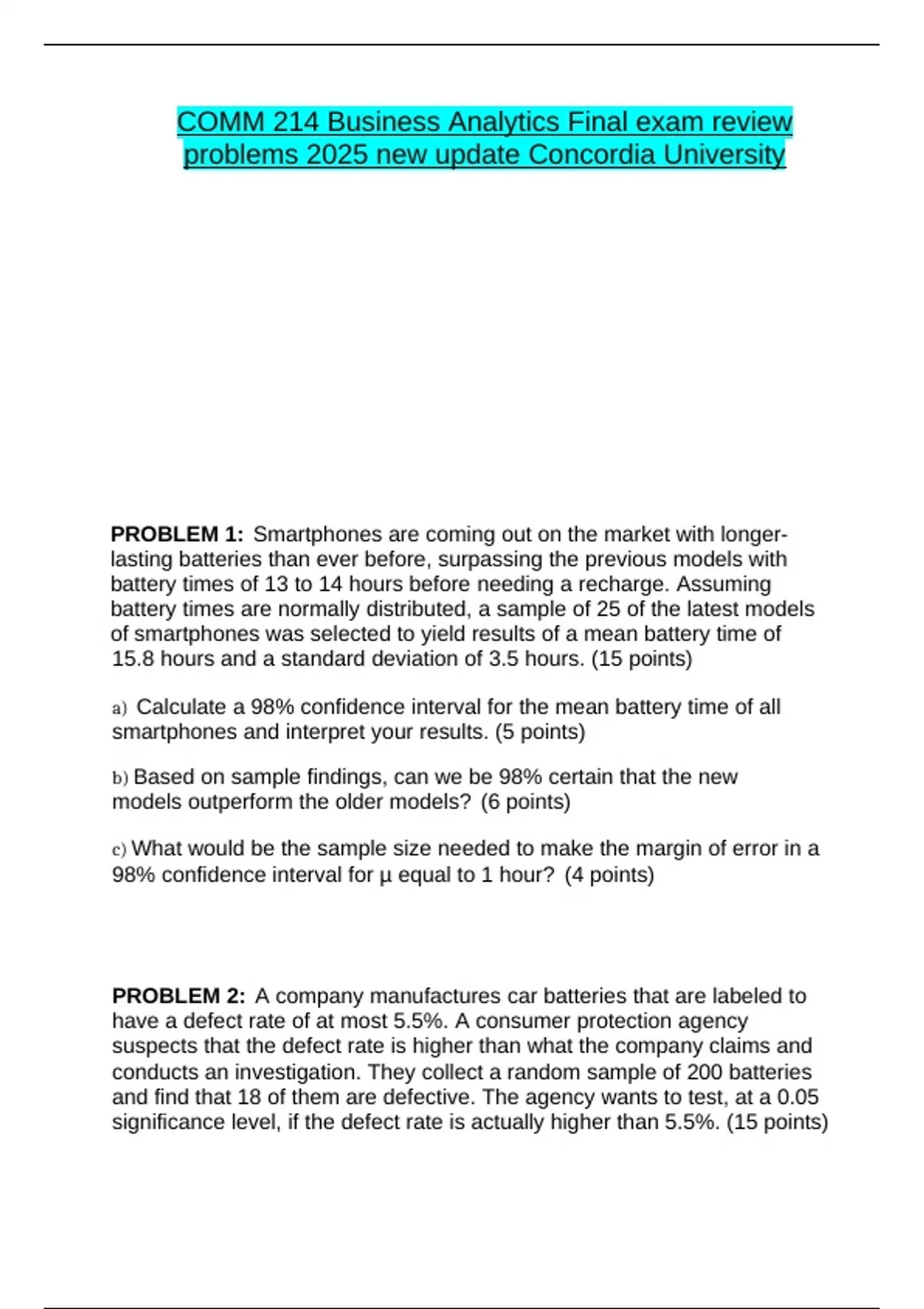 COMM 214 Business Analytics Final exam review problems 2025 new update Concordia University ...