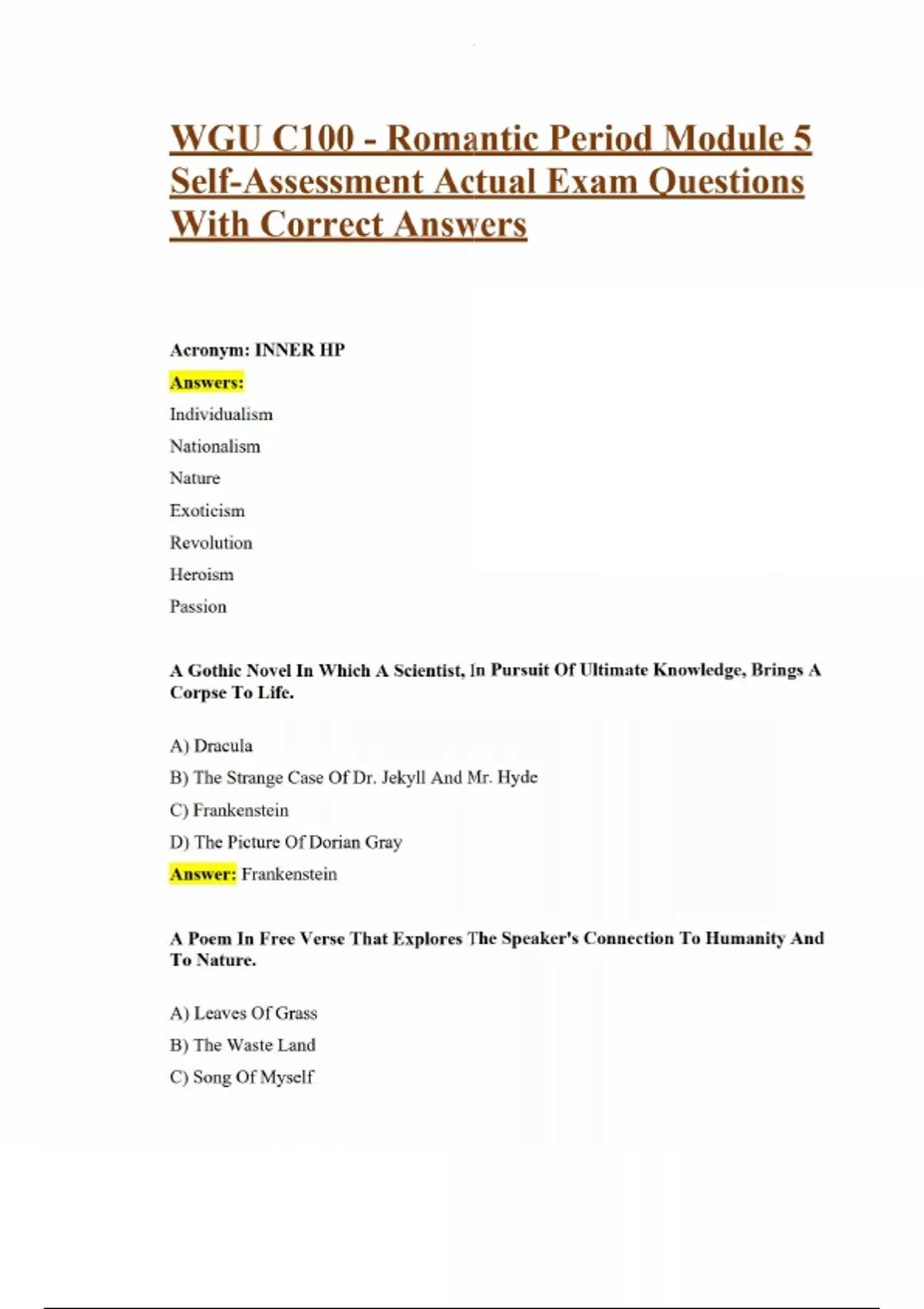 WGU C100 - Romantic Period Module 5 Self-Assessment Actual Exam ...
