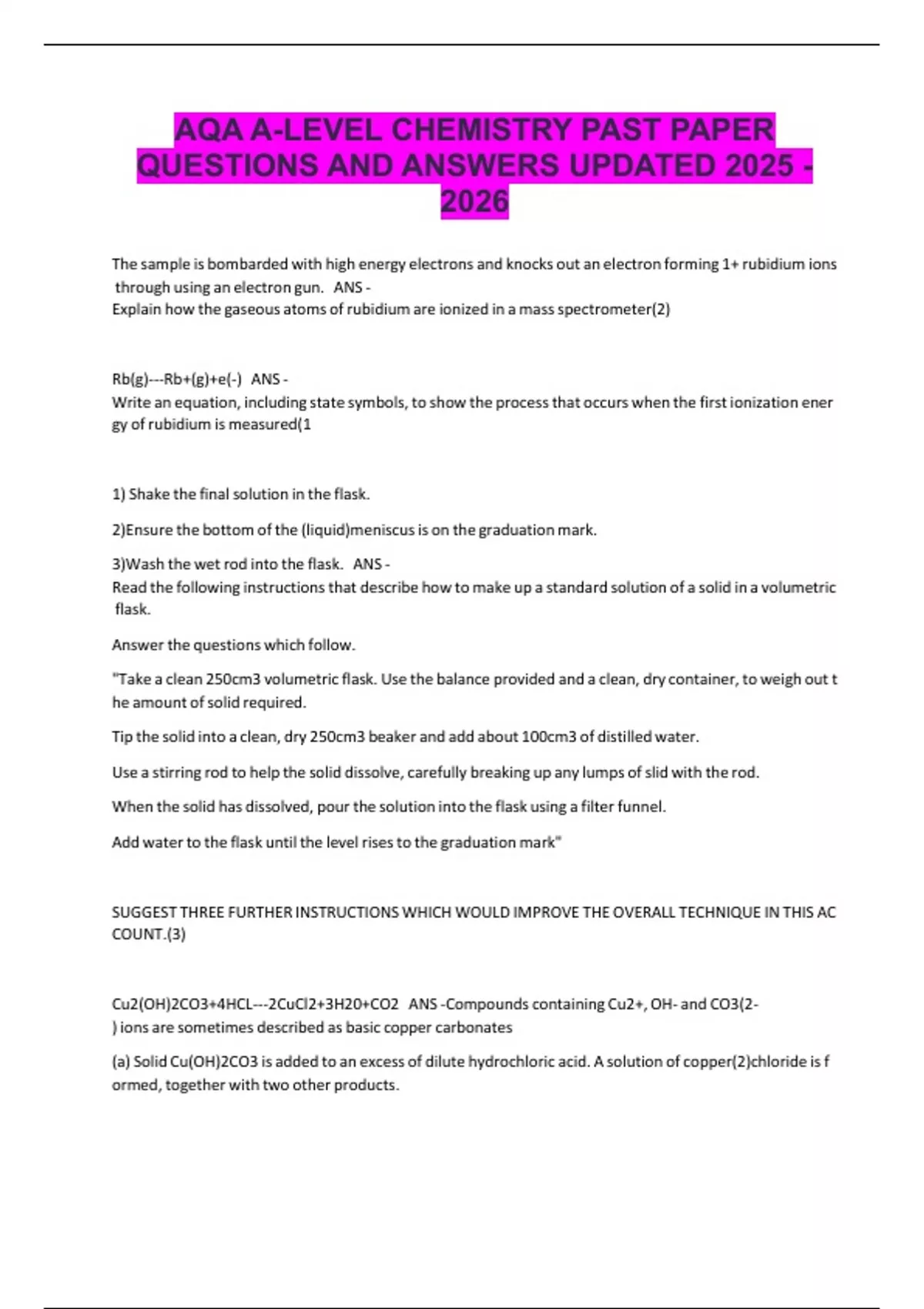 AQA A-LEVEL CHEMISTRY PAST PAPER QUESTIONS AND ANSWERS UPDATED - CHEMISTRY - Stuvia US