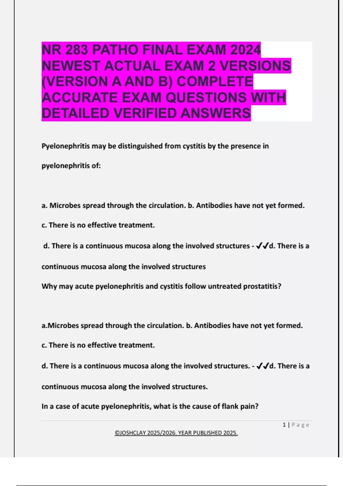 NR 283 PATHO FINAL EXAM 2024 NEWEST ACTUAL EXAM 2 VERSIONS (VERSION A AND B) COMPLETE ACCURATE ...