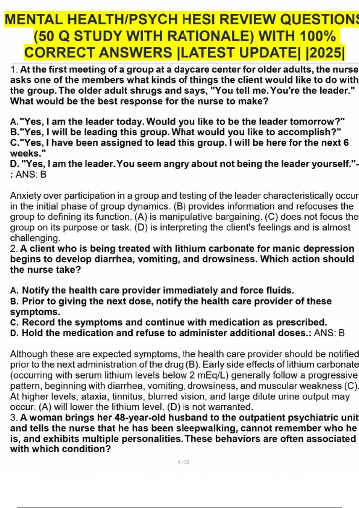 MENTAL HEALTH/PSYCH HESI REVIEW QUESTIONS (50 Q STUDY WITH RATIONALE ...