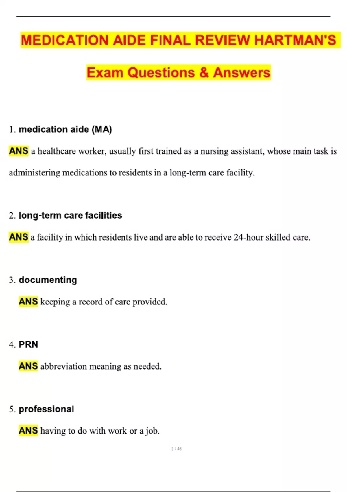 Medication Aide Final Review HARTMANS EXAM (2025 / 2026 Update ...