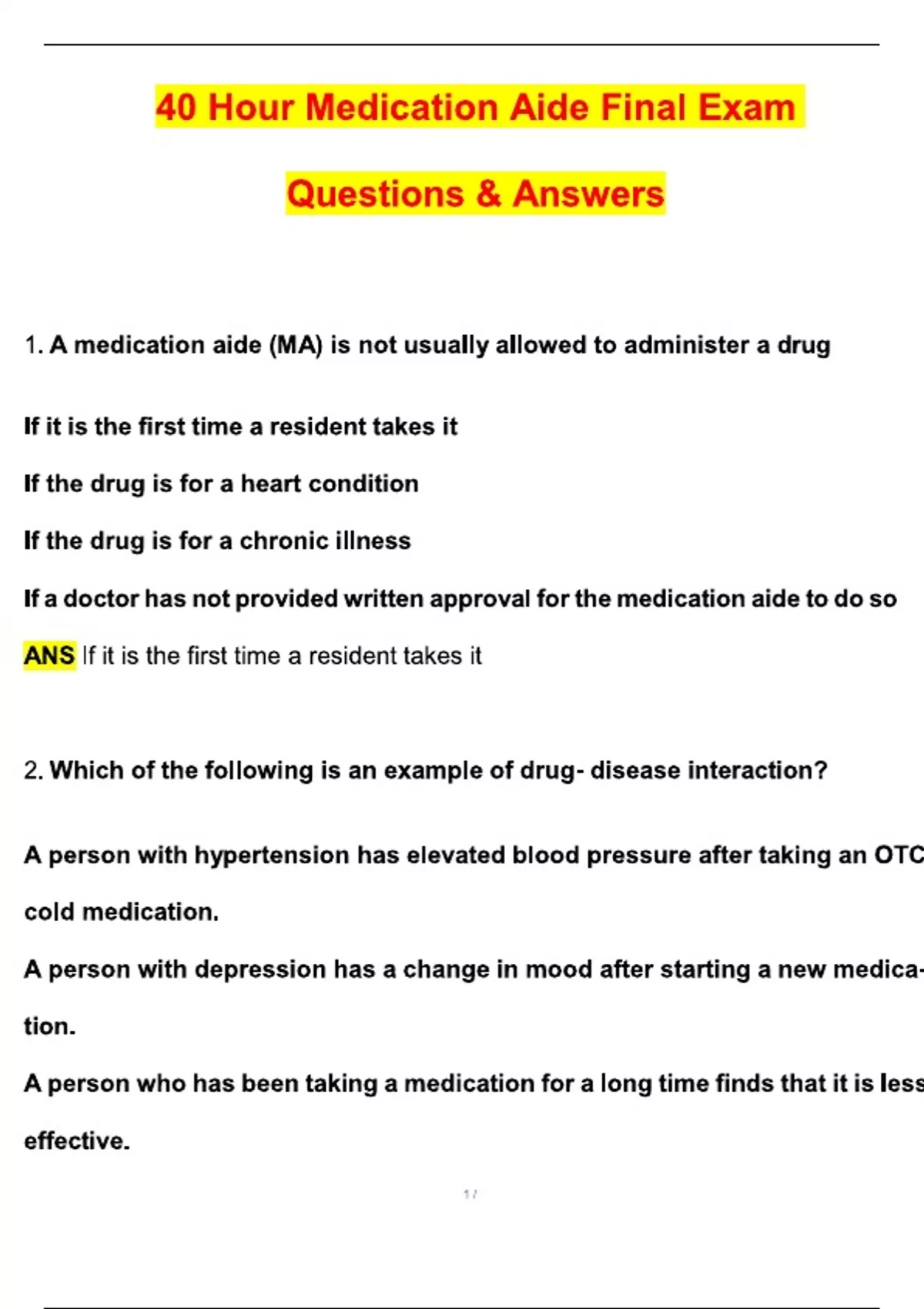 Medication Aide Final Exam 40 Hour (2025 / 2026 Update) Questions and ...