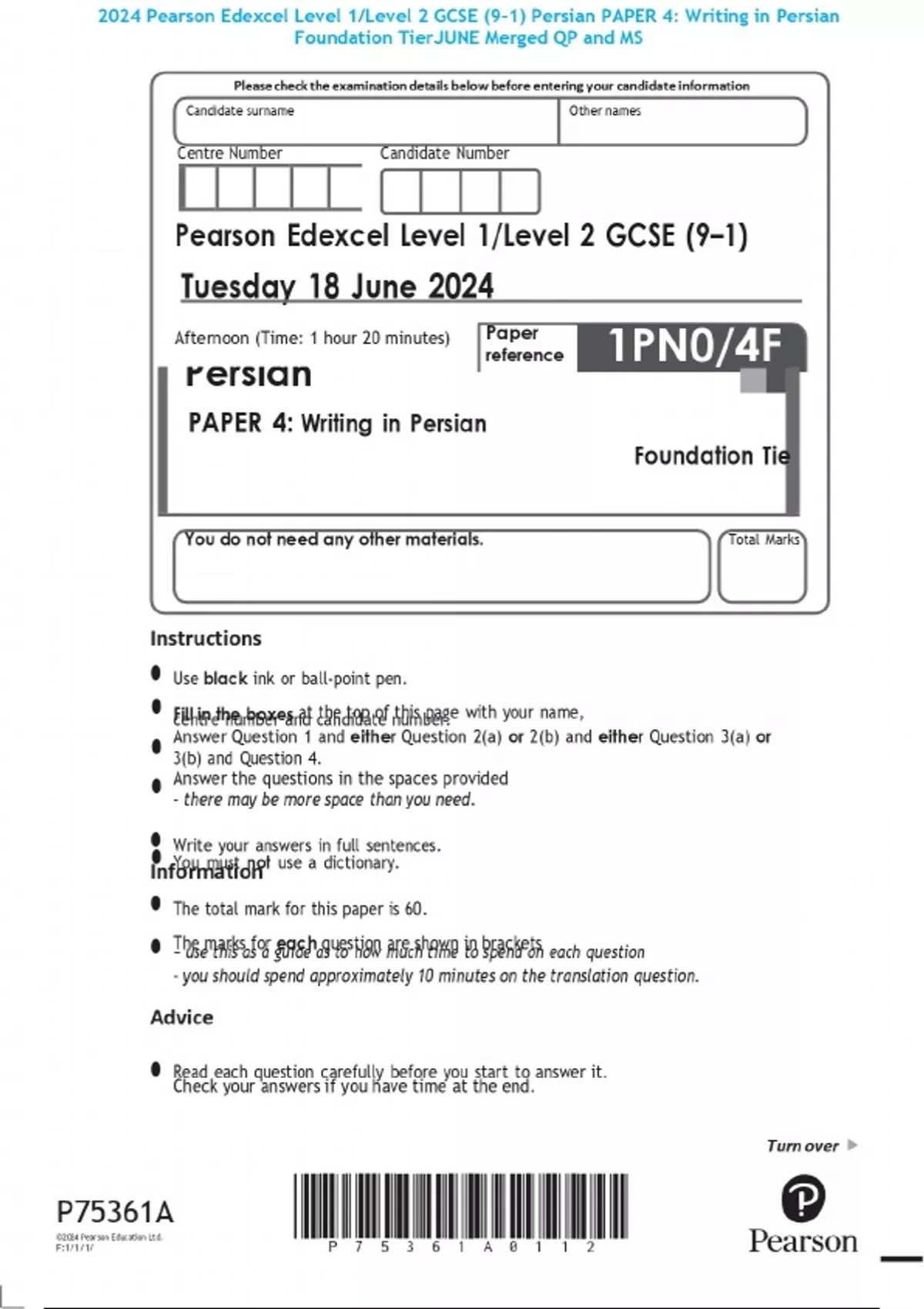 2024 Pearson Edexcel Level 1/Level 2 GCSE (9–1) Persian PAPER 4 ...