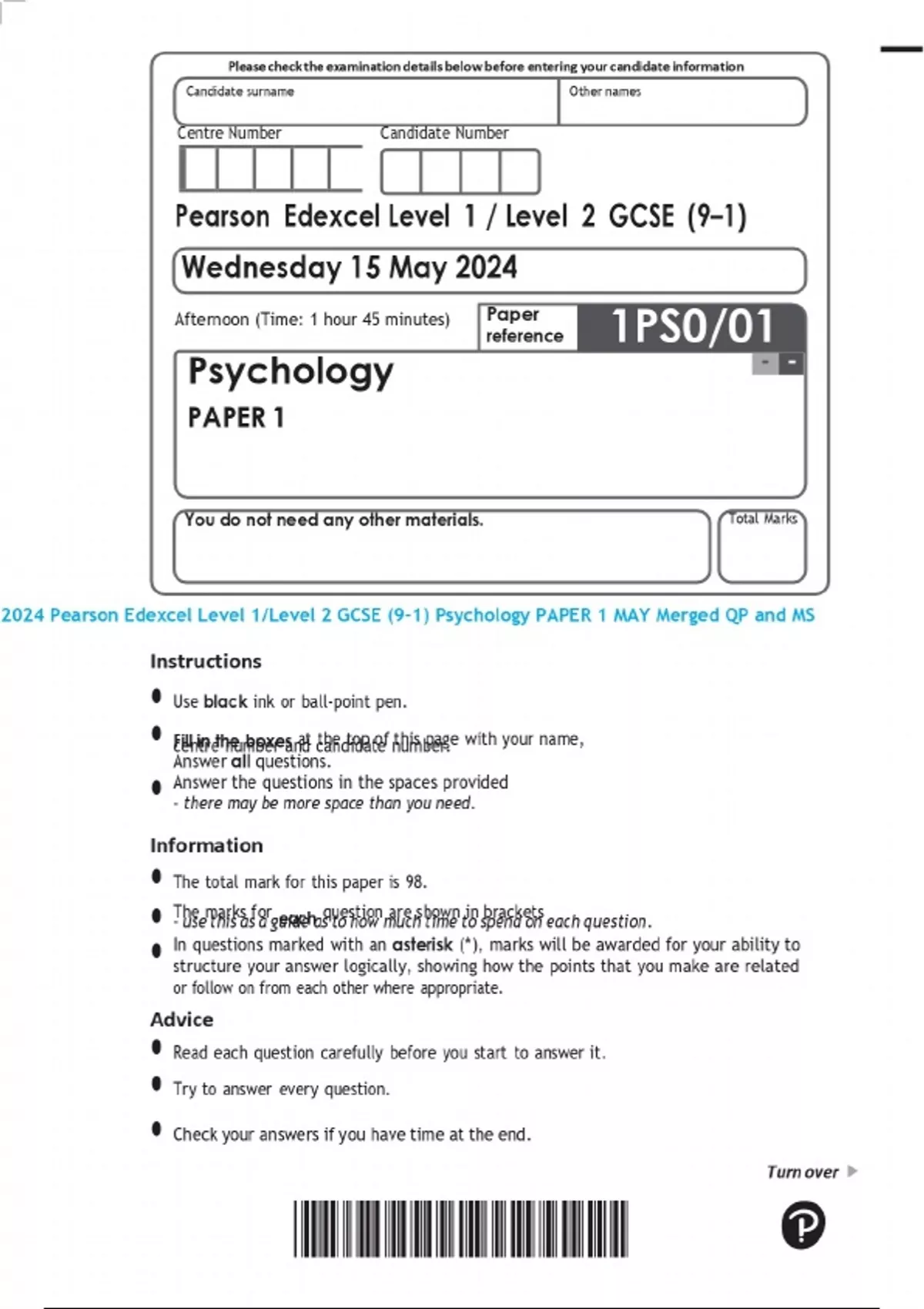 2024 Pearson Edexcel Level 1/Level 2 GCSE (9–1) Psychology PAPER 1 MAY Merged QP and MS - GCSE ...