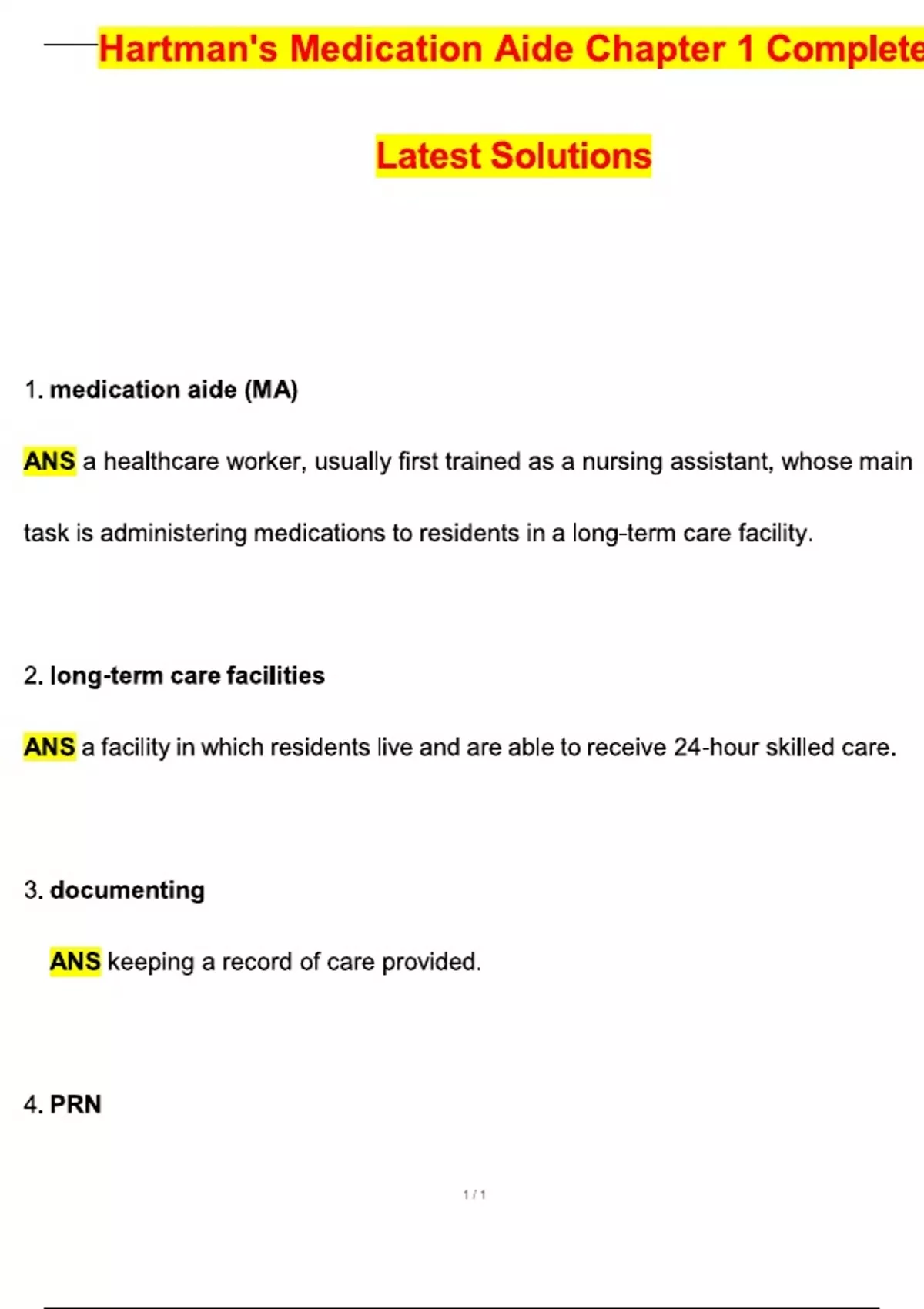 Hartmans Medication Aide Chapter 1 (2025 / 2026 Update) Questions and ...