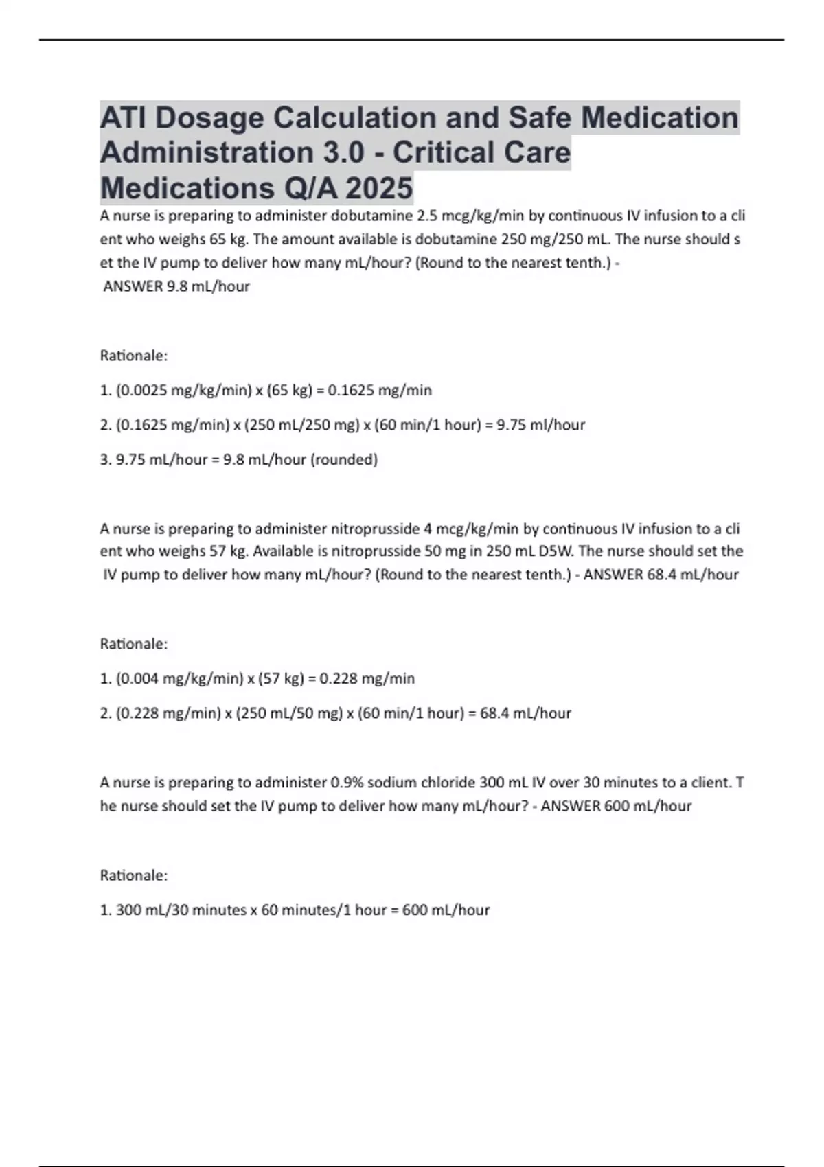 ATI Dosage Calculation and Safe Medication Administration 3.0 - Critical Care Medications Q/A ...