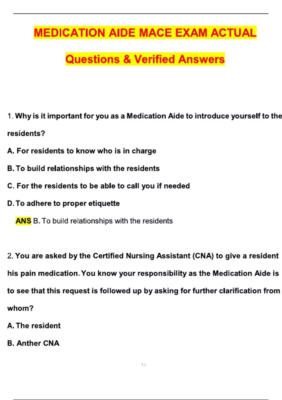 Medication Aide MACE EXAM (2025 / 2026 Update) Questions and Verified ...
