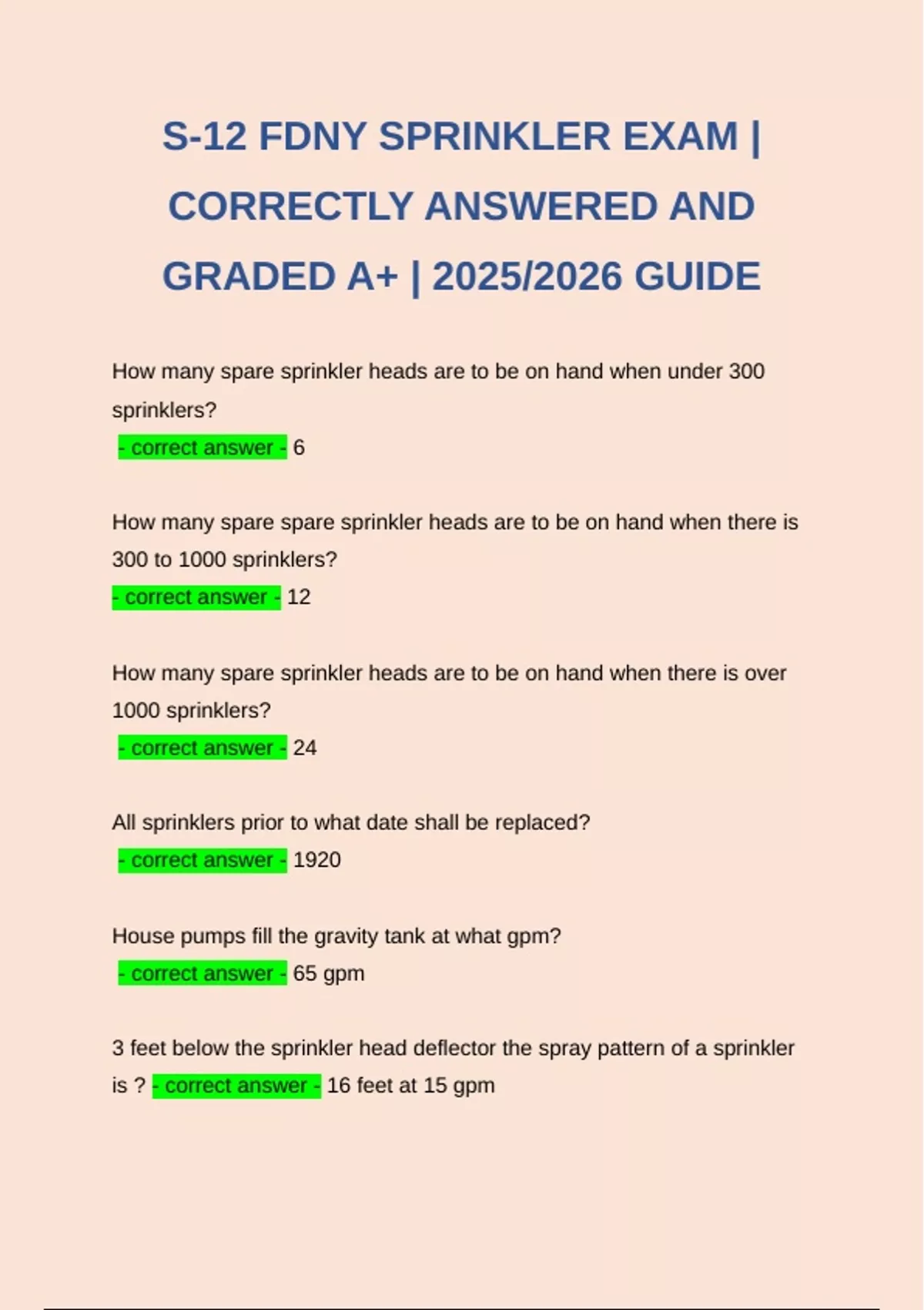 S-12 FDNY SPRINKLER EXAM | CORRECTLY ANSWERED AND GRADED A+ | 2025/2026 ...