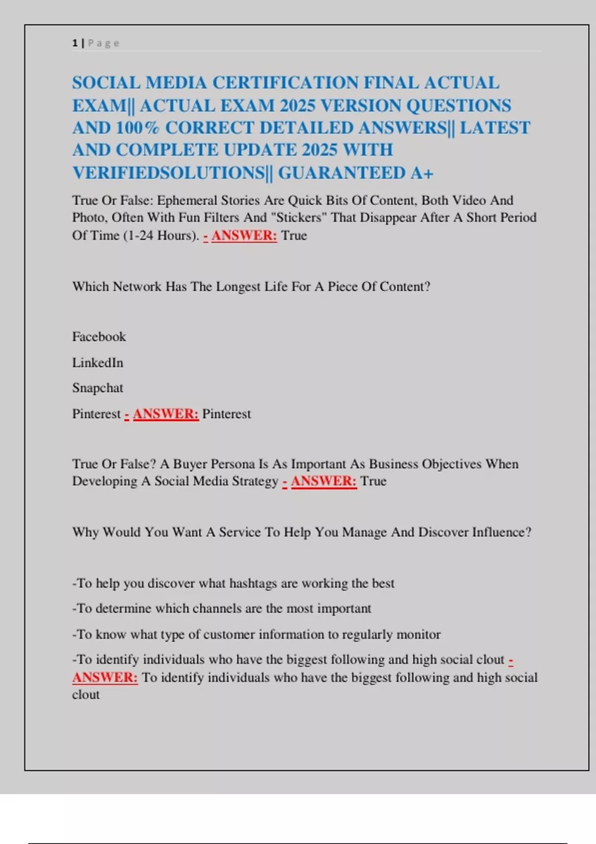 SOCIAL MEDIA CERTIFICATION FINAL ACTUAL EXAM|| ACTUAL EXAM 2025 VERSION ...