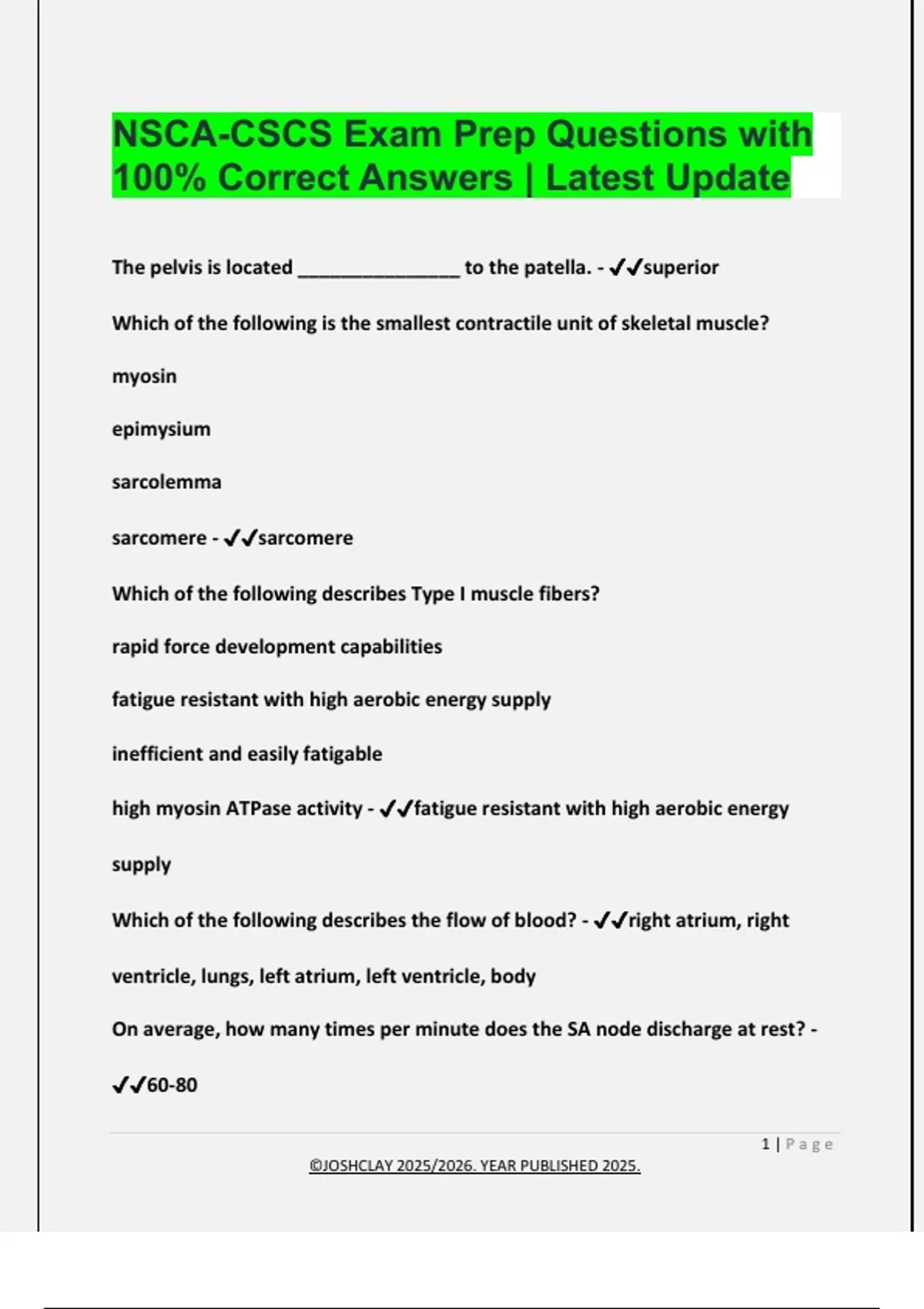 NSCA-CSCS Exam Prep Questions with 100% Correct Answers | Latest Update ...