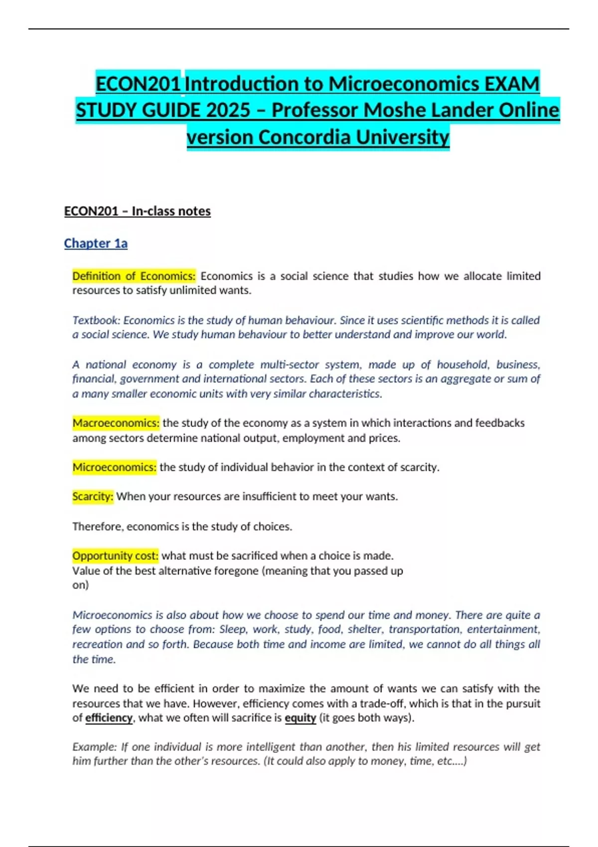 ECON 201 Introduction to Microeconomics EXAM STUDY GUIDE 2025 ...