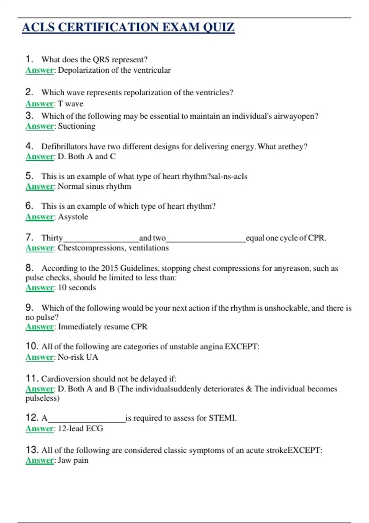 ACLS CERTIFICATION EXAM QUIZ 2024/2025 | QUESTIONS WITH 100% VERIFIED ...