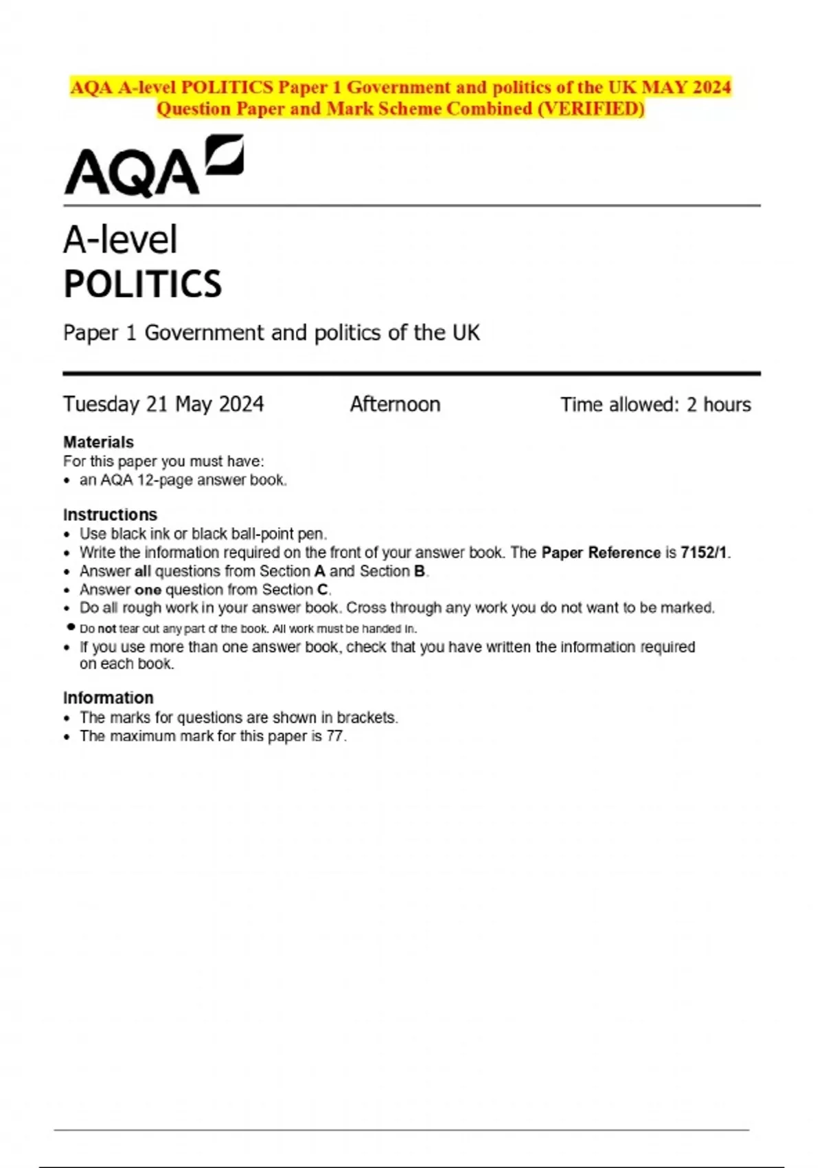 AQA A-level POLITICS Paper 1 Government and politics of the UK MAY 2024 ...