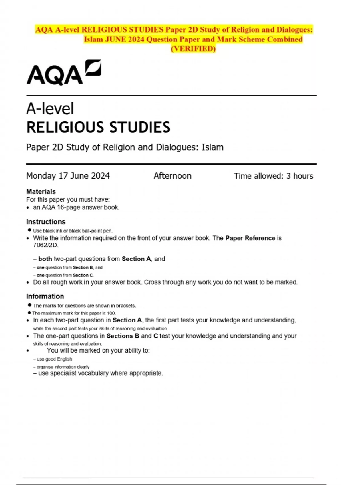 AQA A-level RELIGIOUS STUDIES Paper 2D Study of Religion and Dialogues ...