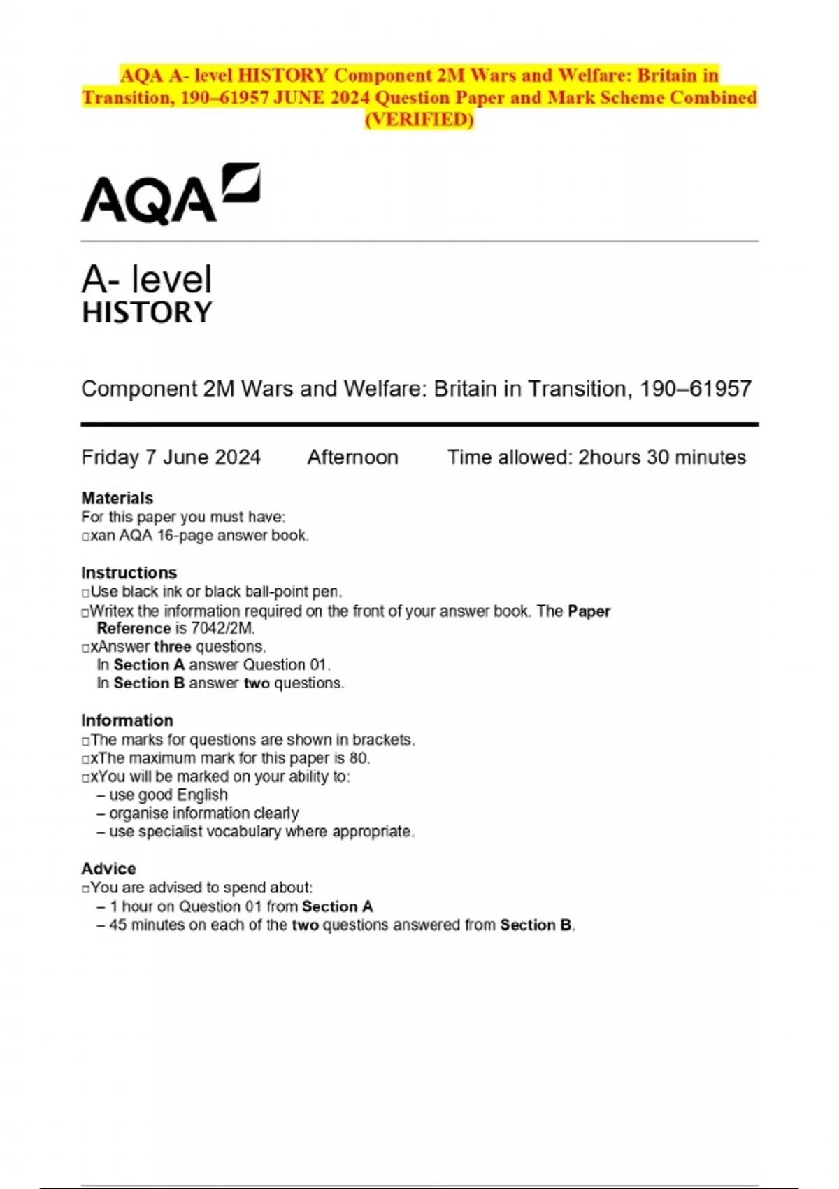 AQA A- level HISTORY Component 2M Wars and Welfare: Britain in ...